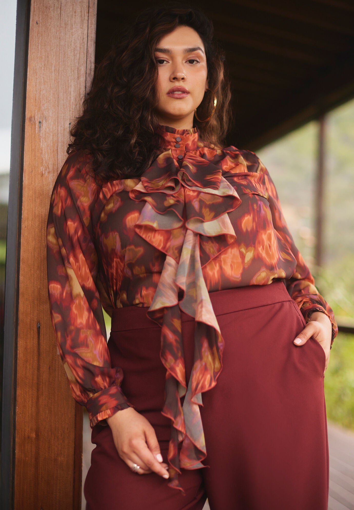 Ruffle Scarf Blouse for Women - Easy Fit, Blurred Tapestry | Eloquii