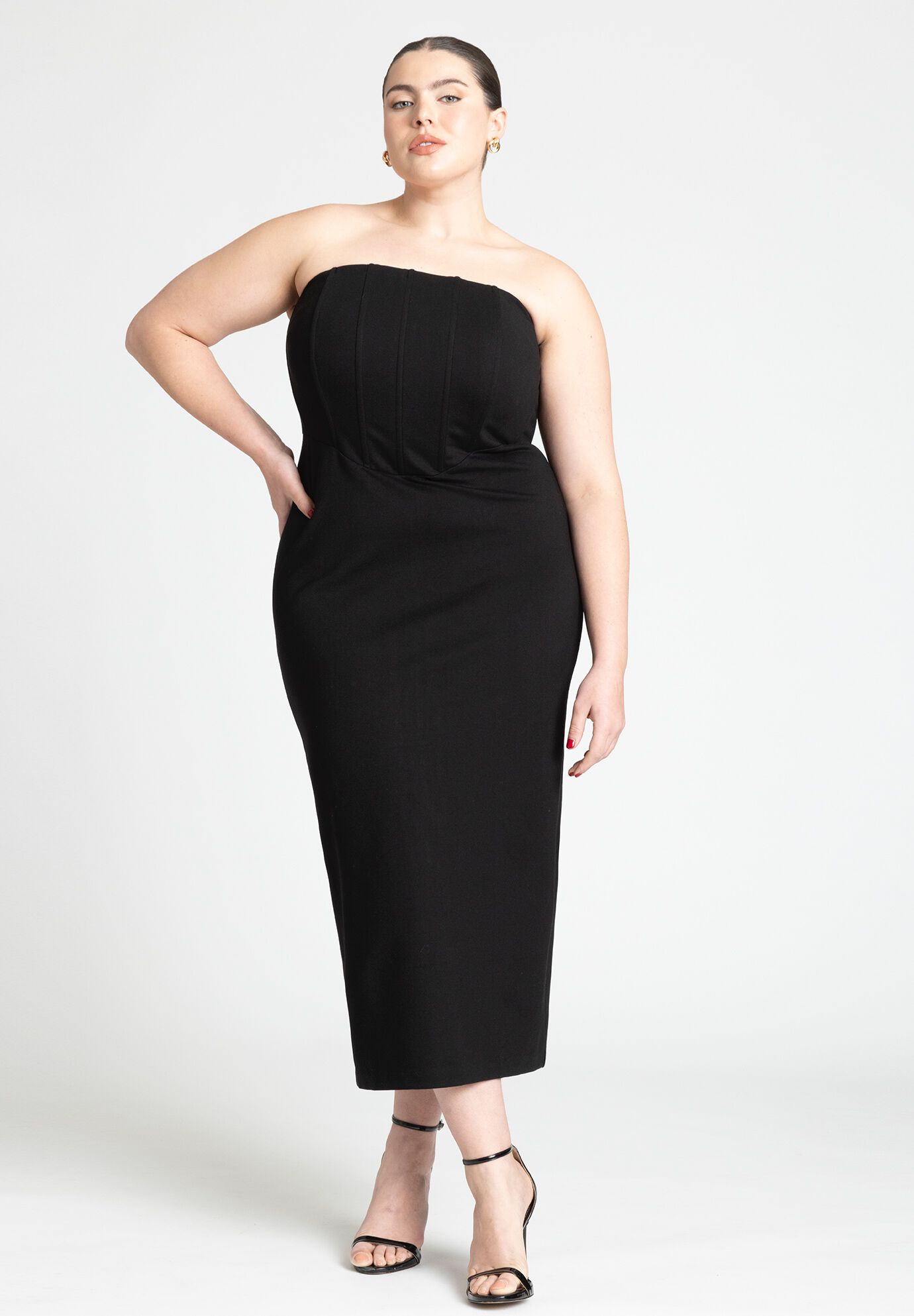 Corset Column Dress - Bodycon Strapless Midi, Black Onyx | Eloquii