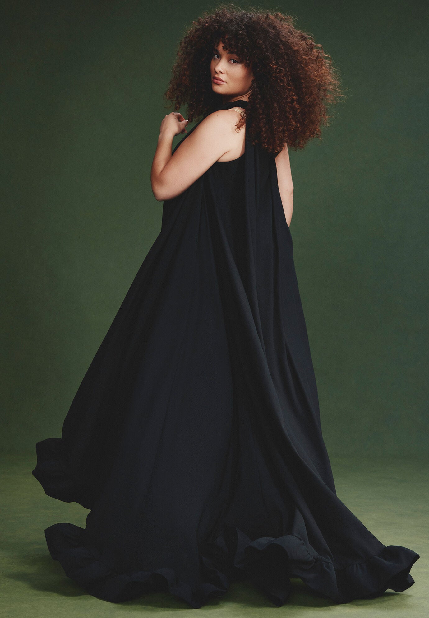 Dramatic Ruffle Gown Asymmetrical Neckline Dress, Black Onyx | Eloquii
