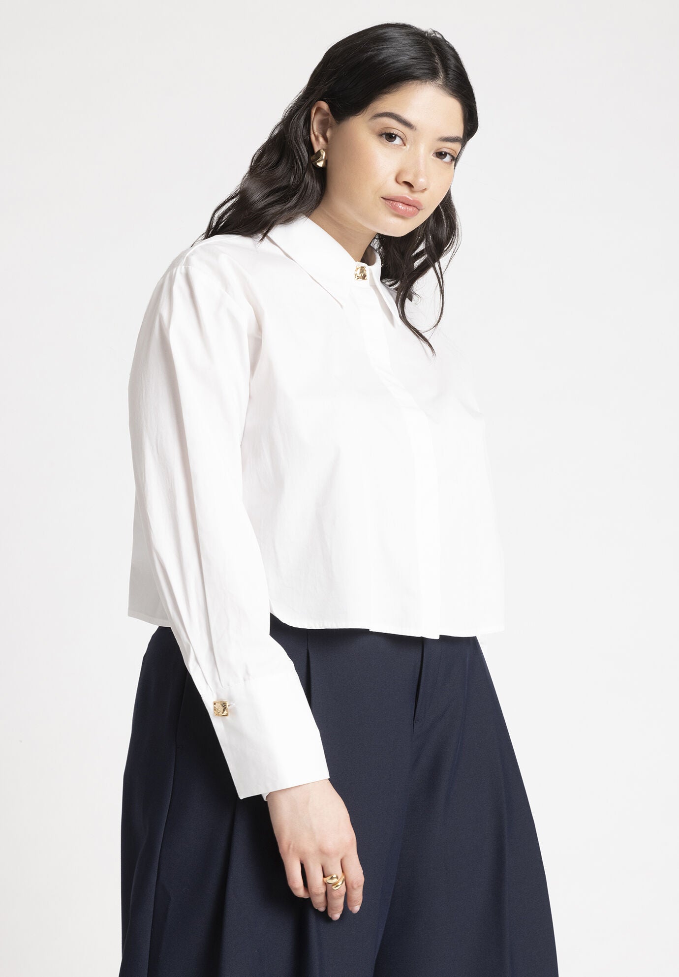 Cropped Collared Shirt in Poplin Fabric, Petal White | Eloquii