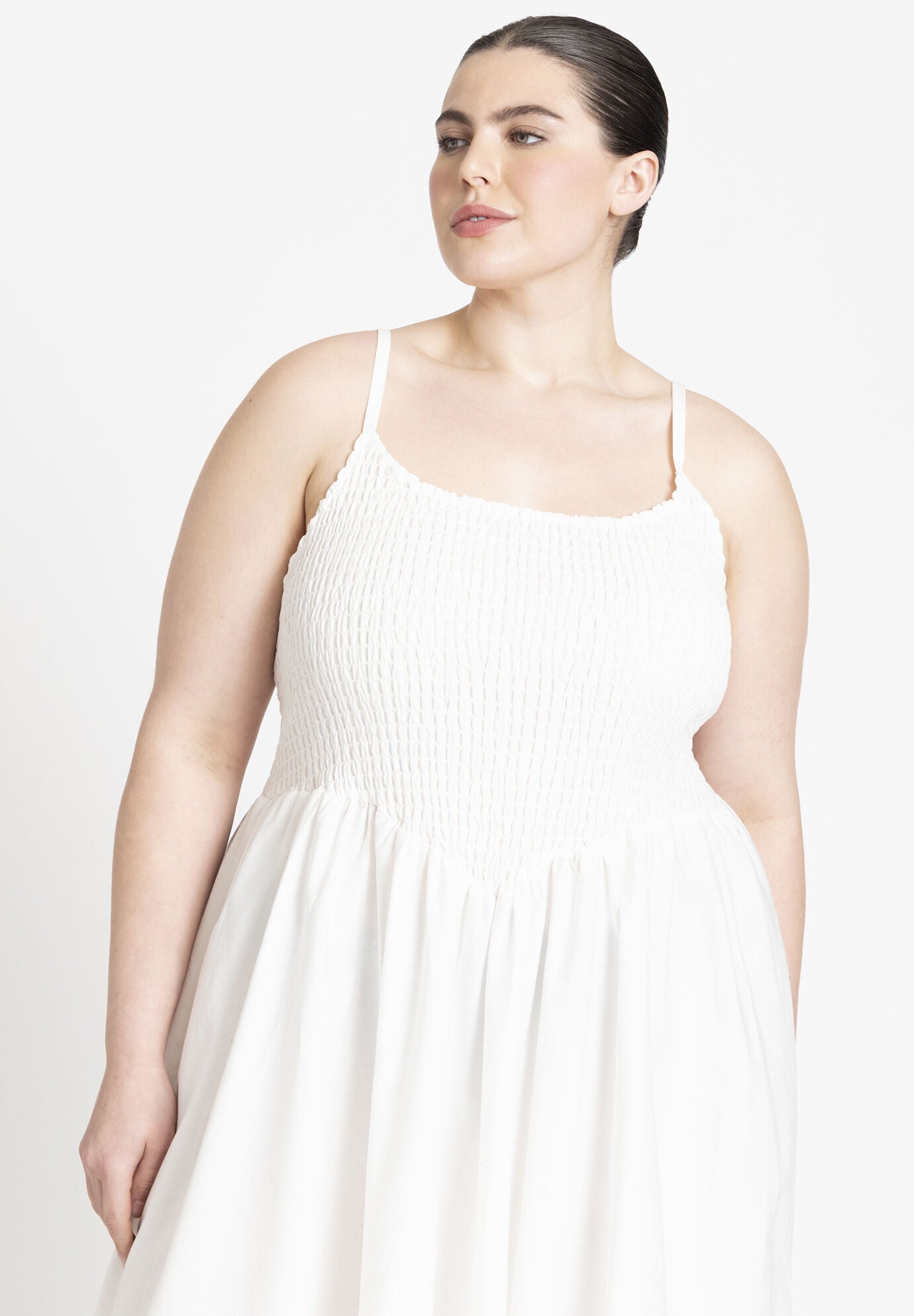 Poplin Textured Flare Dress Midi Length, Snow White | Eloquii