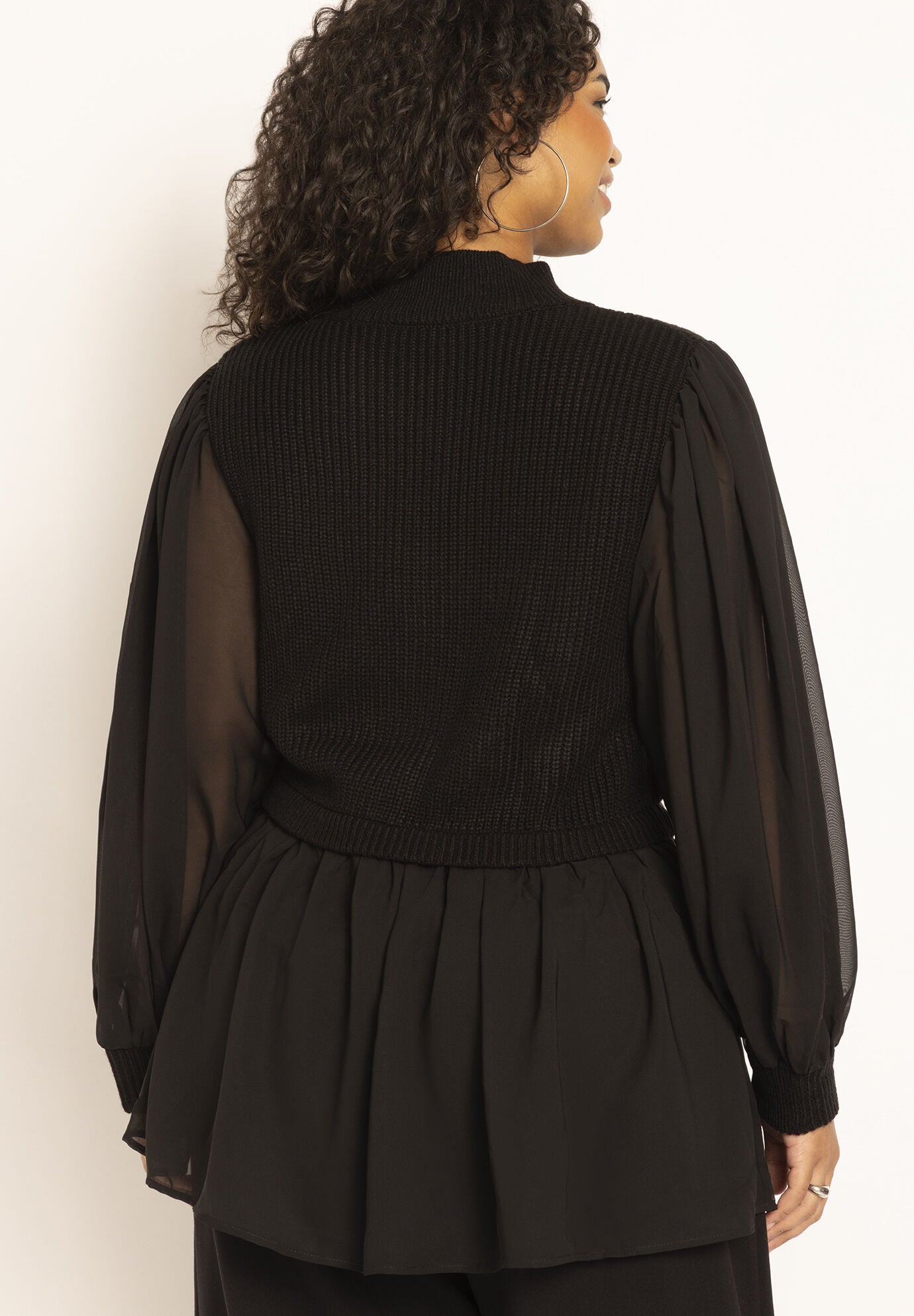 Turtleneck Twofer Sweater with Chiffon, Black Onyx | Eloquii