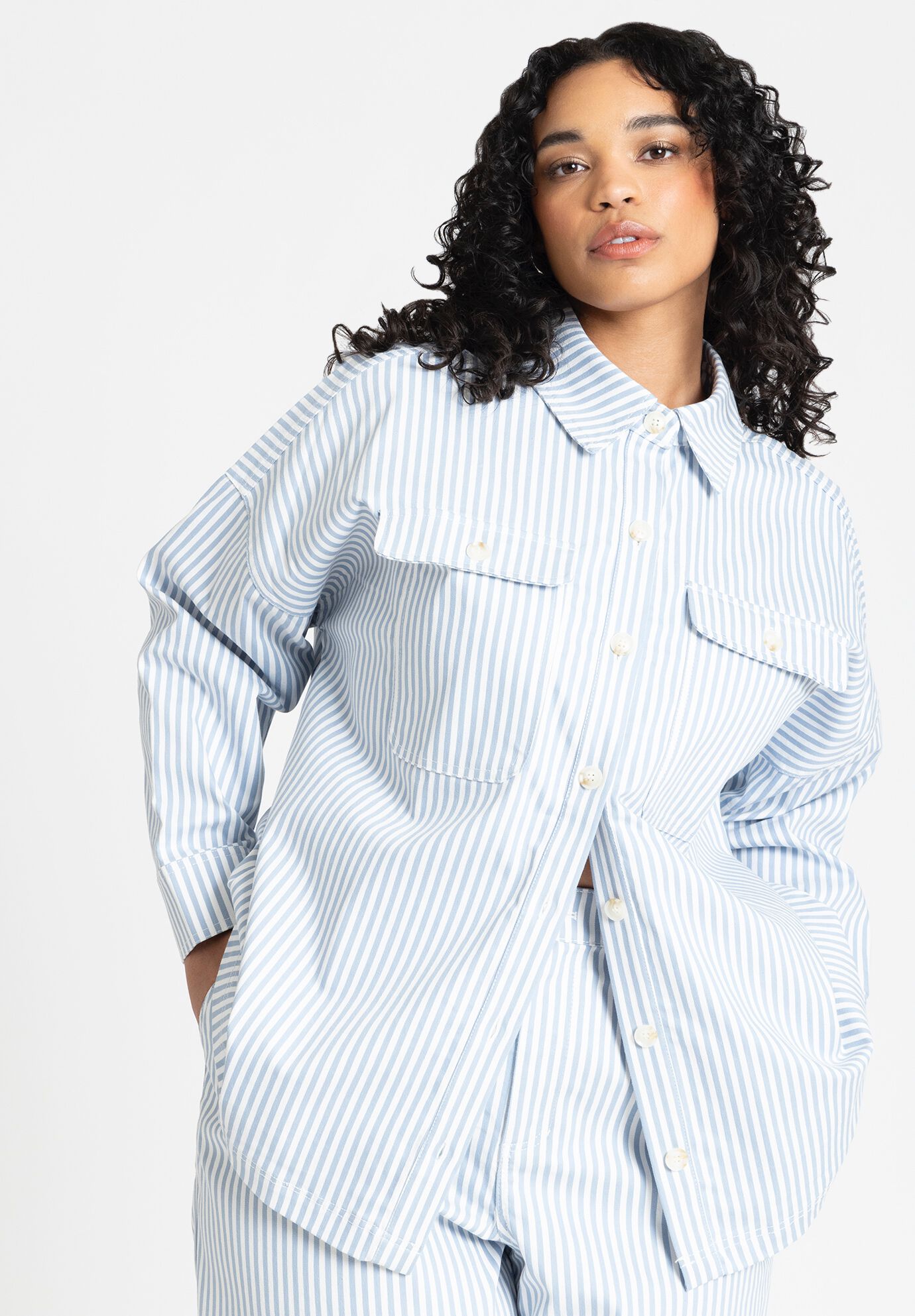 Yarn Dye Striped Shacket for Women, 4502151 | Eloquii