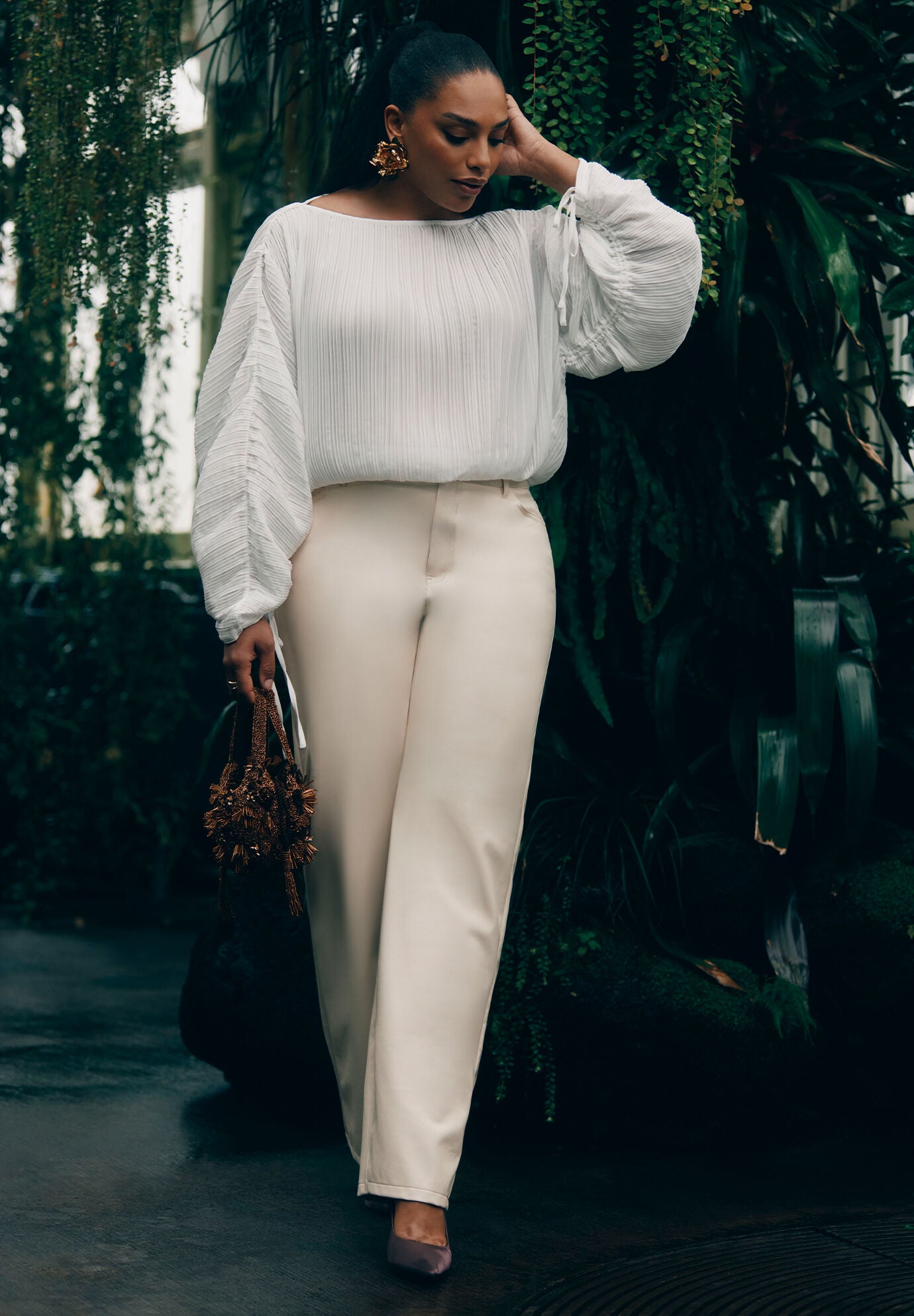 Slit Hem Faux Leather Pant - Contour Waistband, Ecru | Eloquii