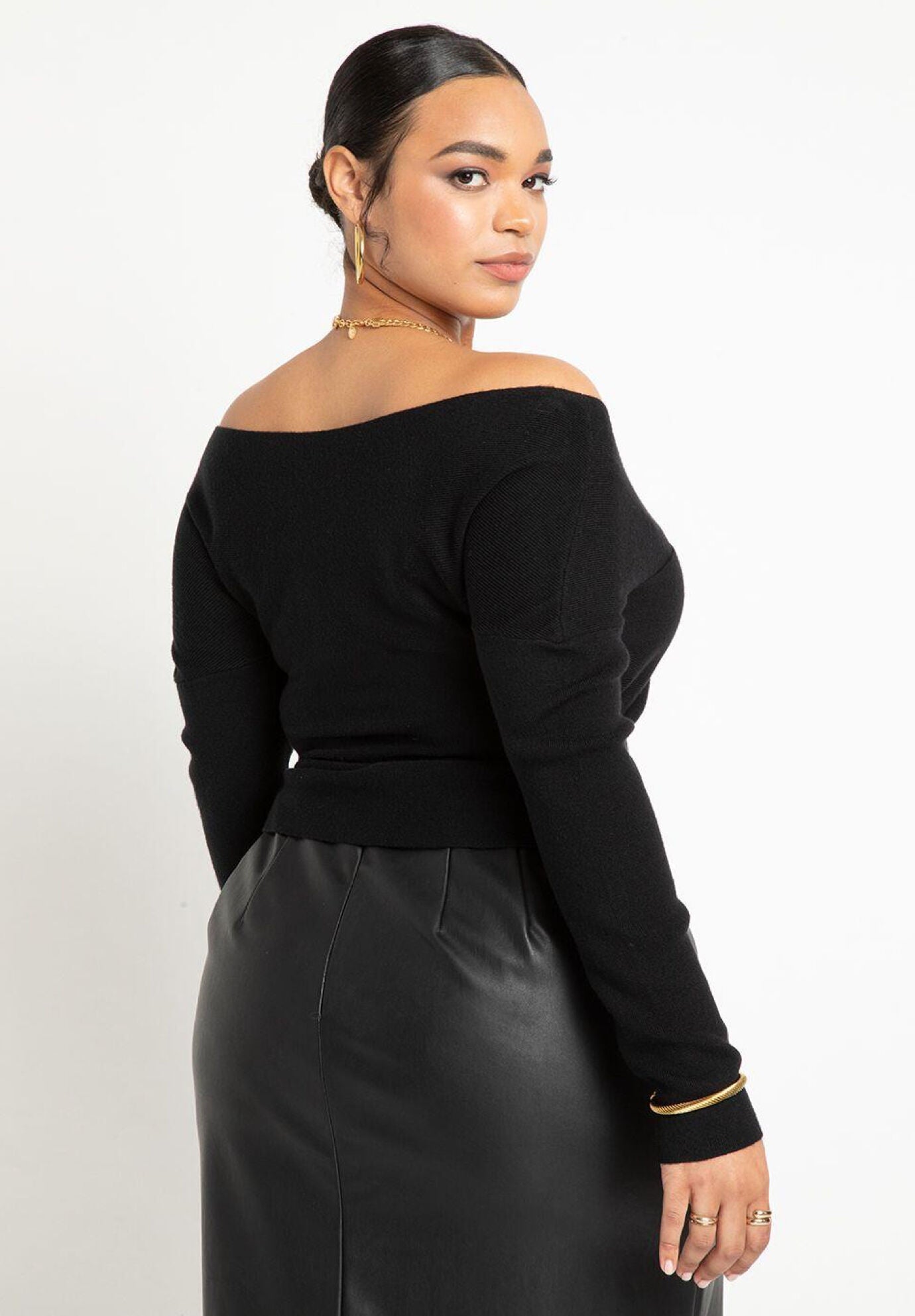 Wrap Front Off Shoulder Sweater, Black | Eloquii