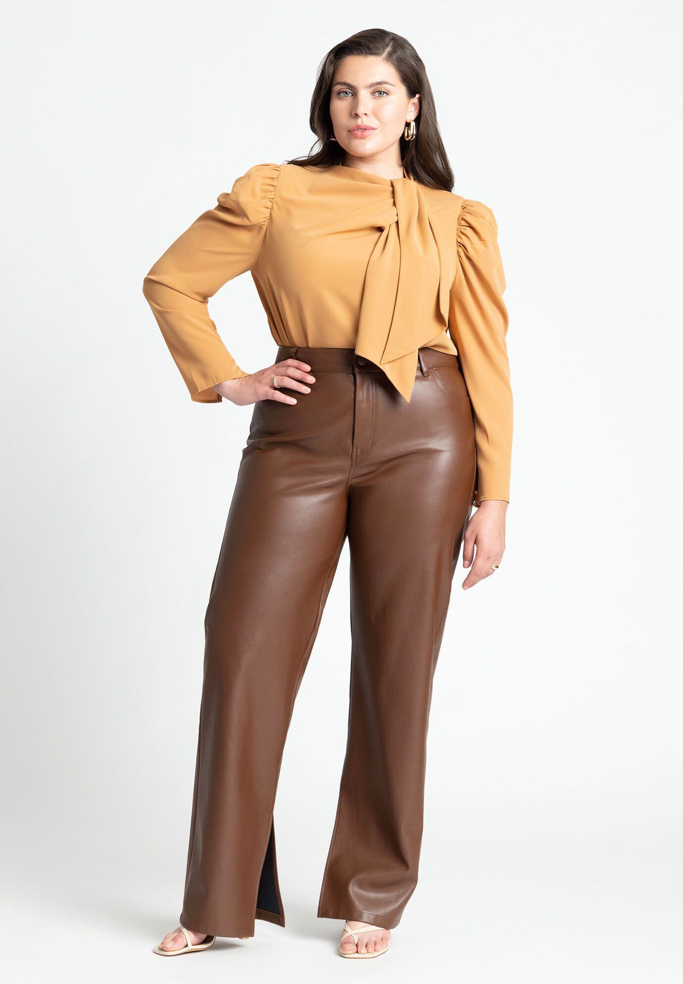 Slit Hem Faux Leather Pant - Contour Waistband, Rocky Road | Eloquii