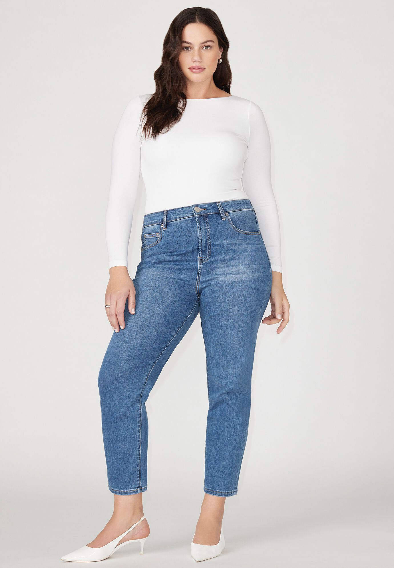 High-Rise Super Stretch Slim Jeans - Leigh, Medium Wash Denim | Eloquii