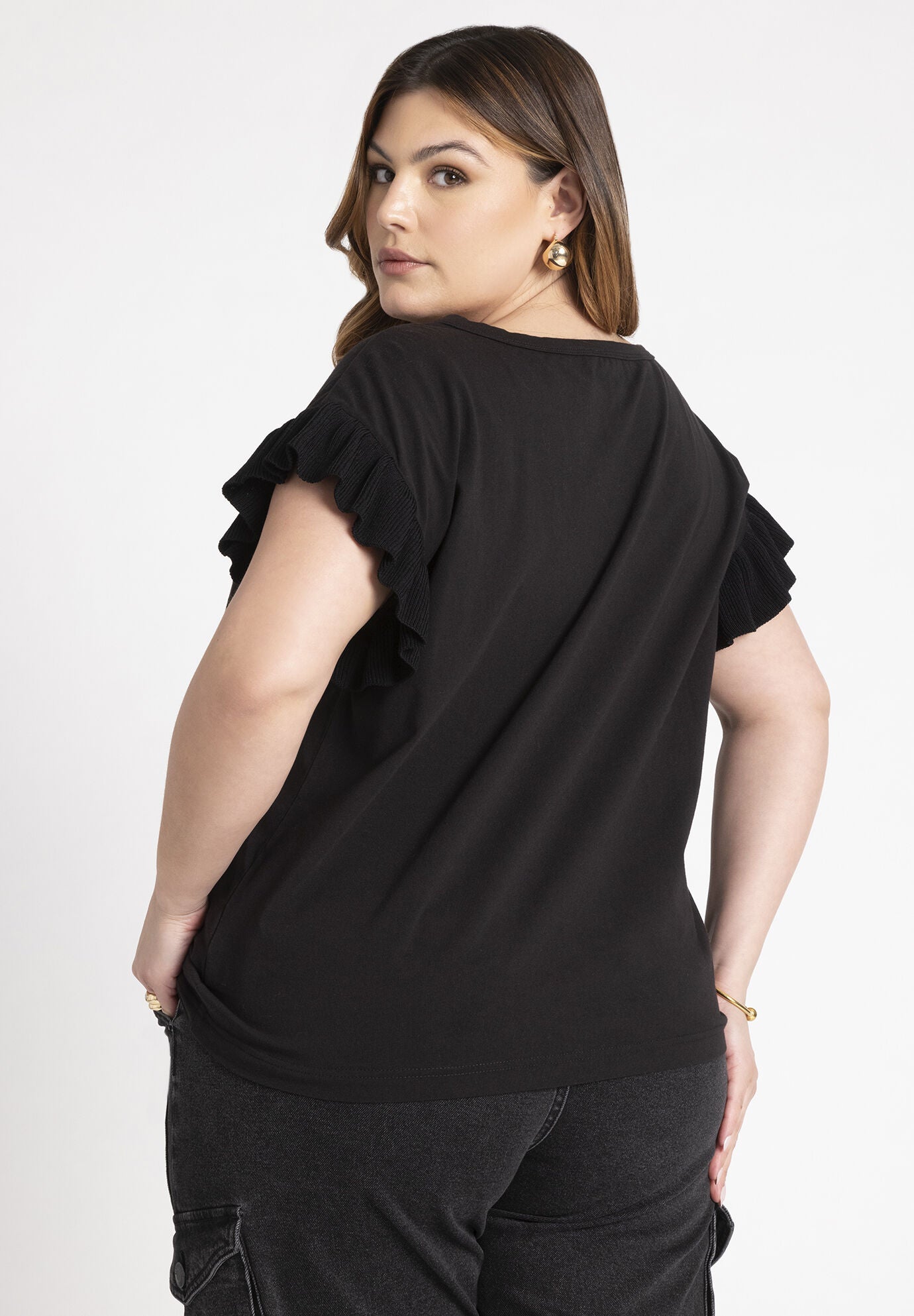 Ruffle Sleeve Tee - Stretch Knit Jersey, Black | Eloquii