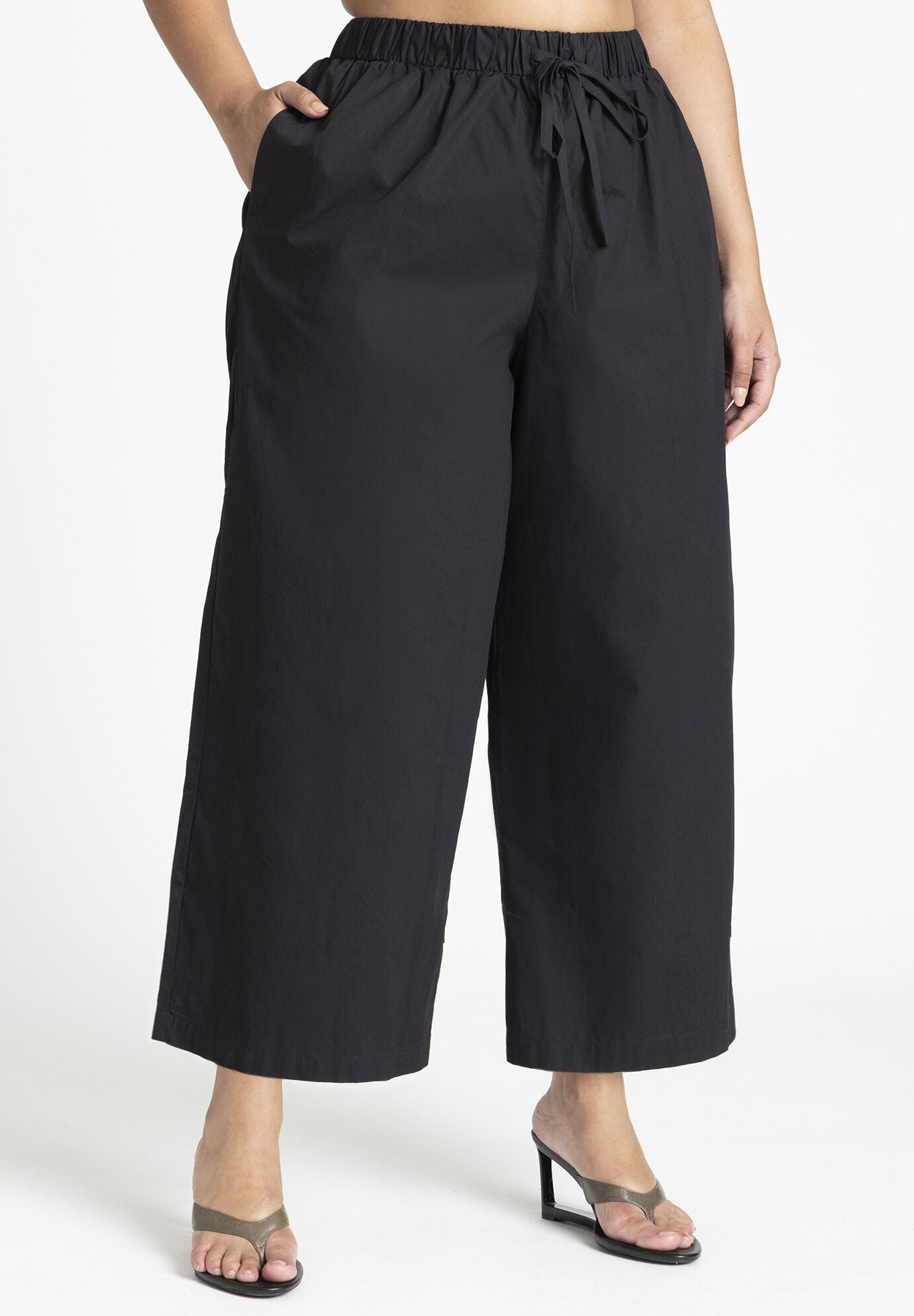 Drawstring Straight Leg Pants with Pockets, Black Onyx | Eloquii