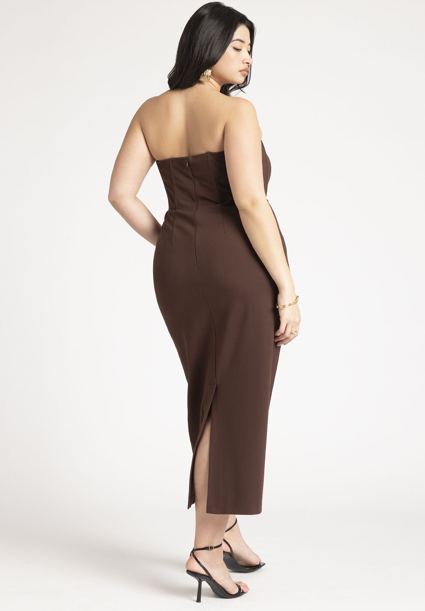Corset Column Dress - Bodycon Strapless Midi, Rich Brown | Eloquii