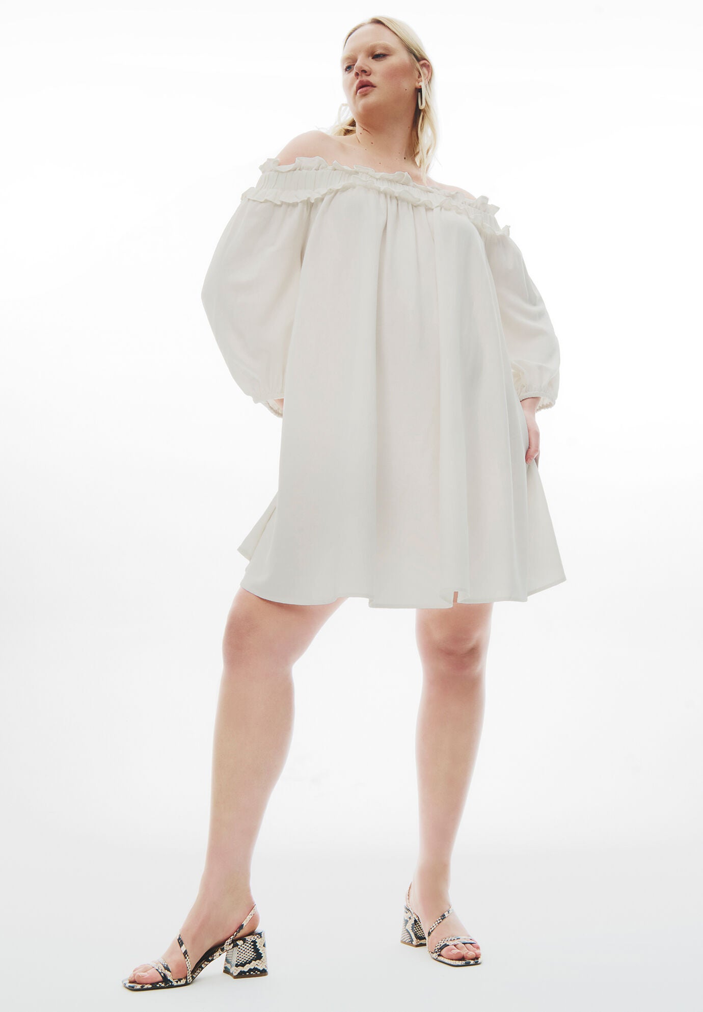 Ruffle Neckline Mini Dress - Rayon Linen, Puff Sleeve, Pearl | Eloquii