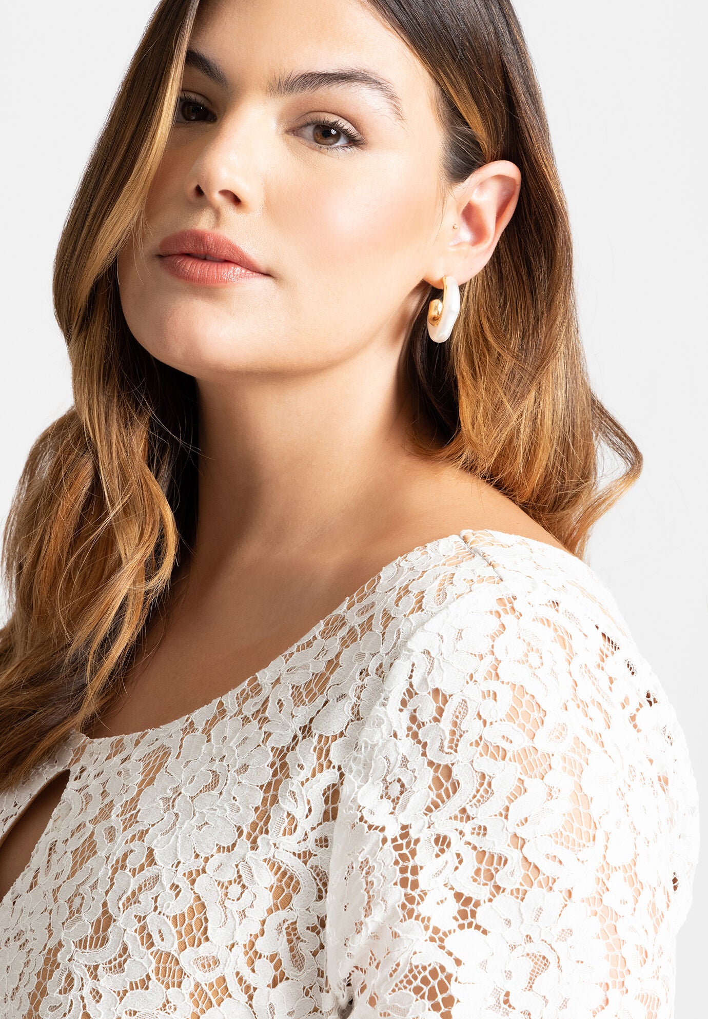 Pearl Metal Inlay Hoop Earring - 3.9cm by 2.6cm, Gold | ELOQUII