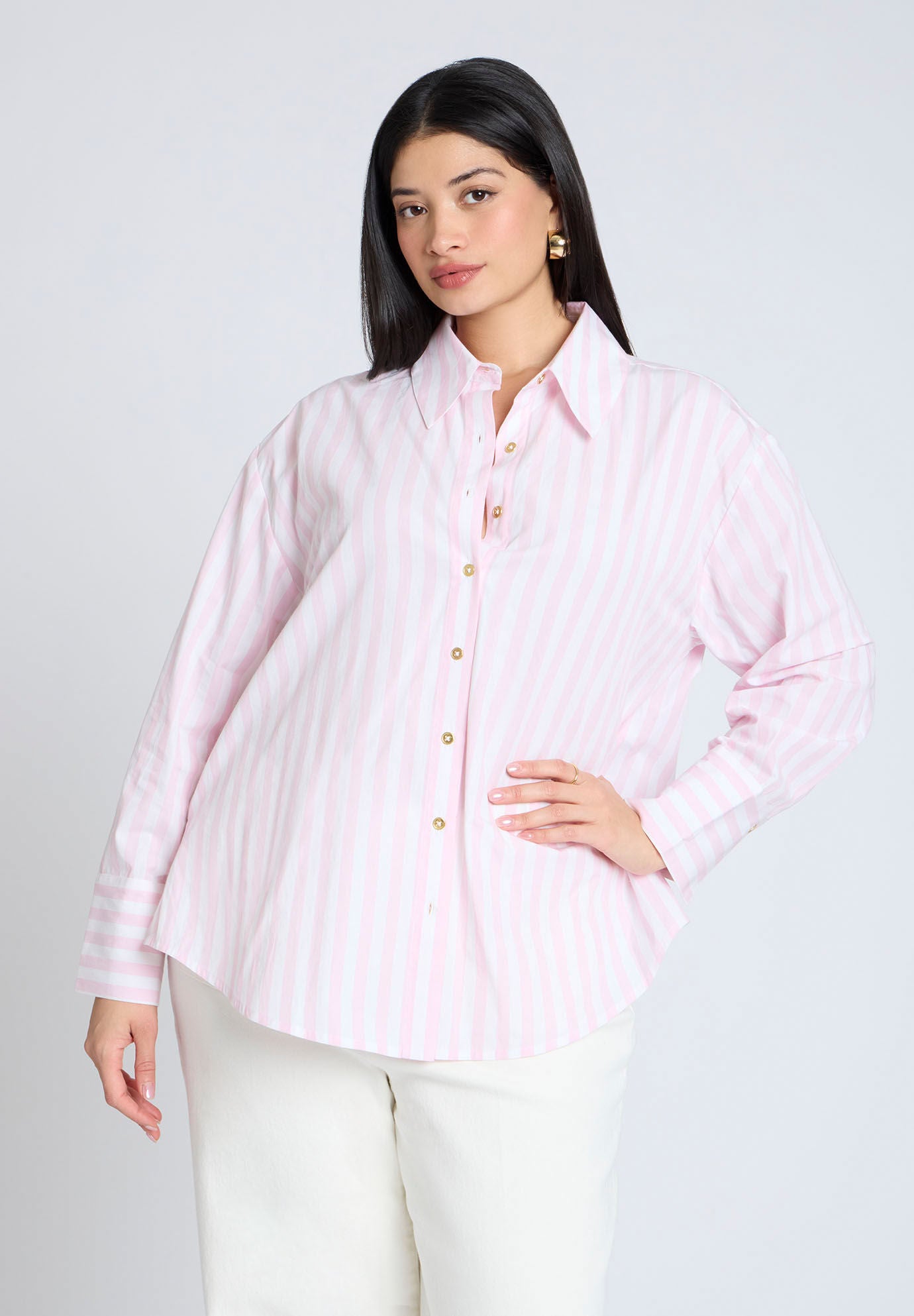 Striped Button Down - Oversized Fit Shirt, Pink And White | Eloquii