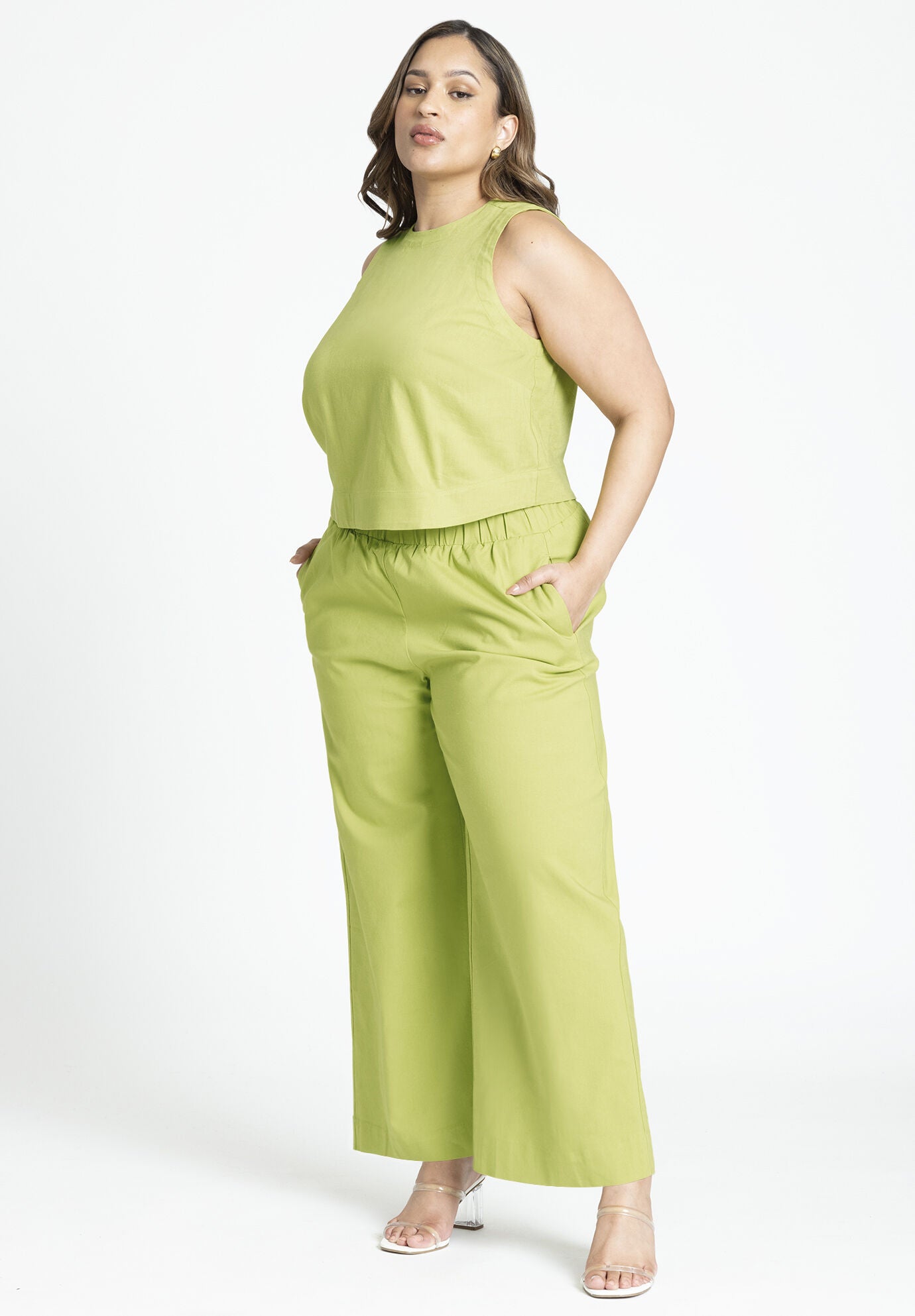 Boxy Linen-Blend Scoop Neck Crop Tank, Aloe Green | Eloquii