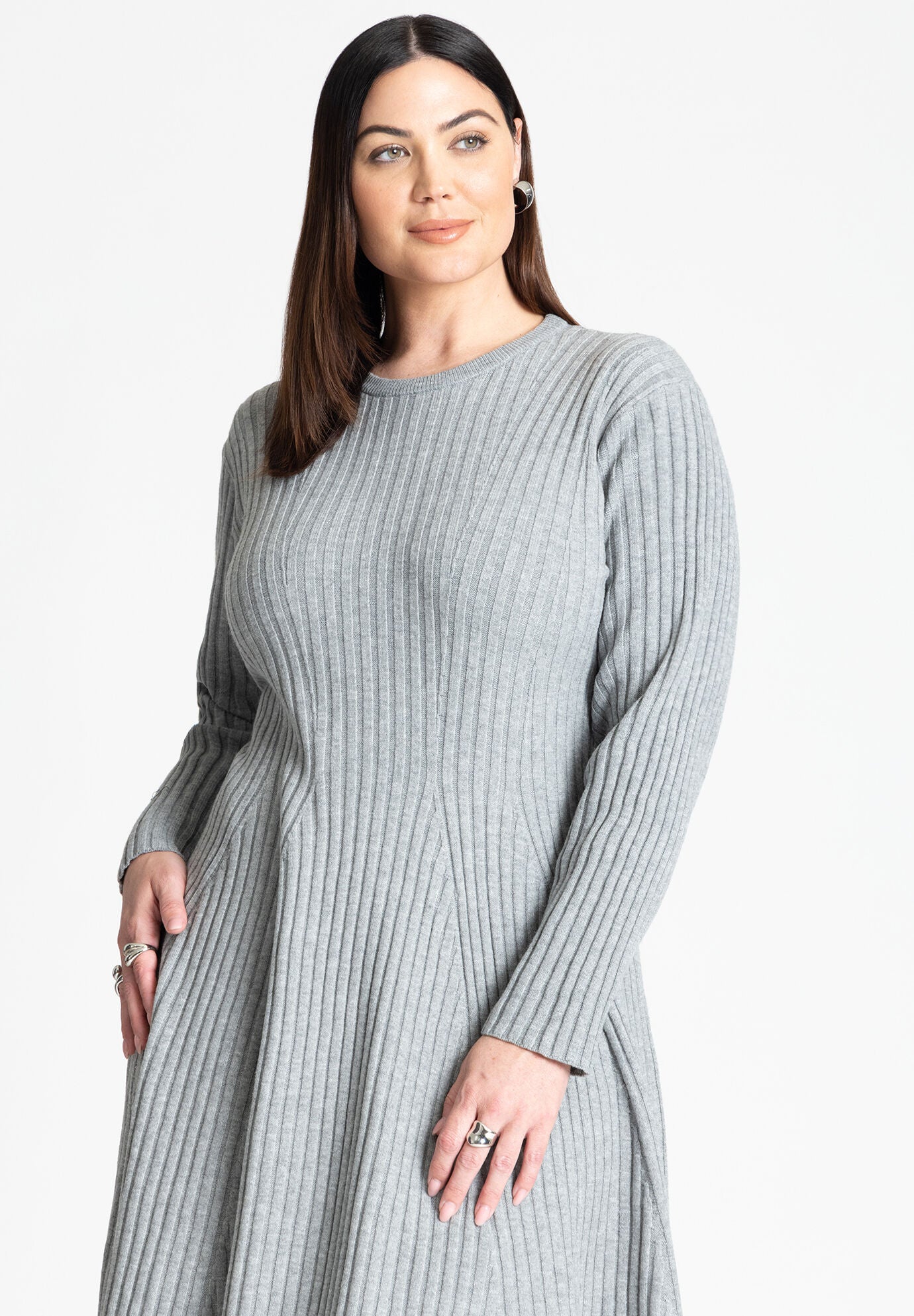 Mini Rib Fit & Flare Dress - Sweater Knit, Heathered Grey | Eloquii
