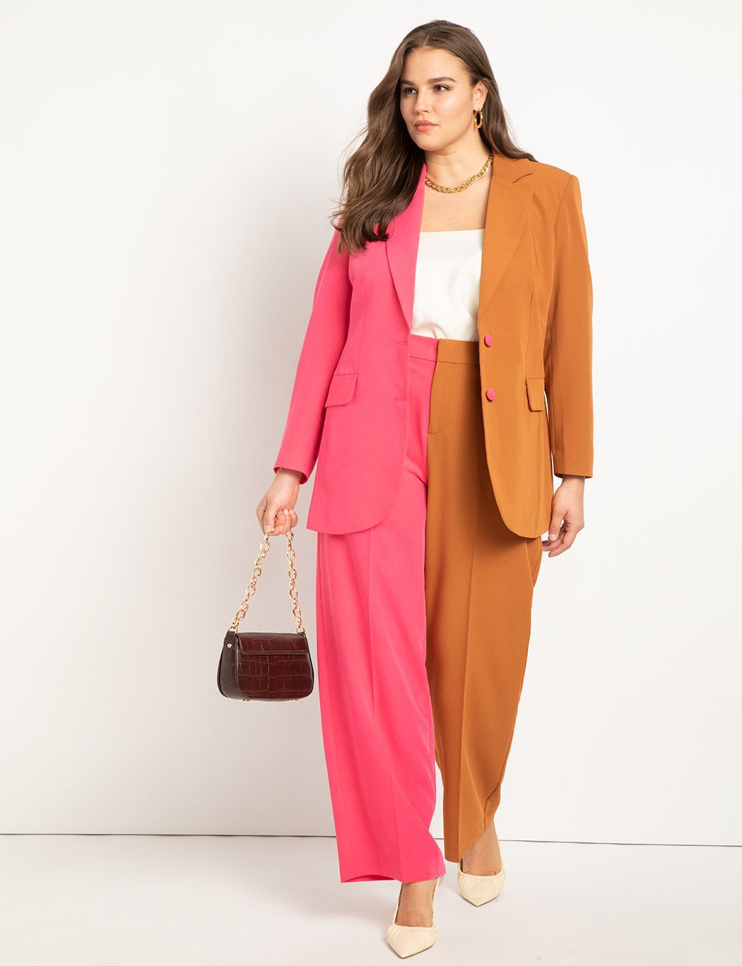 Tailored Colorblock Blazer with Stretch Fabric, Leather Brown Raspbe ...