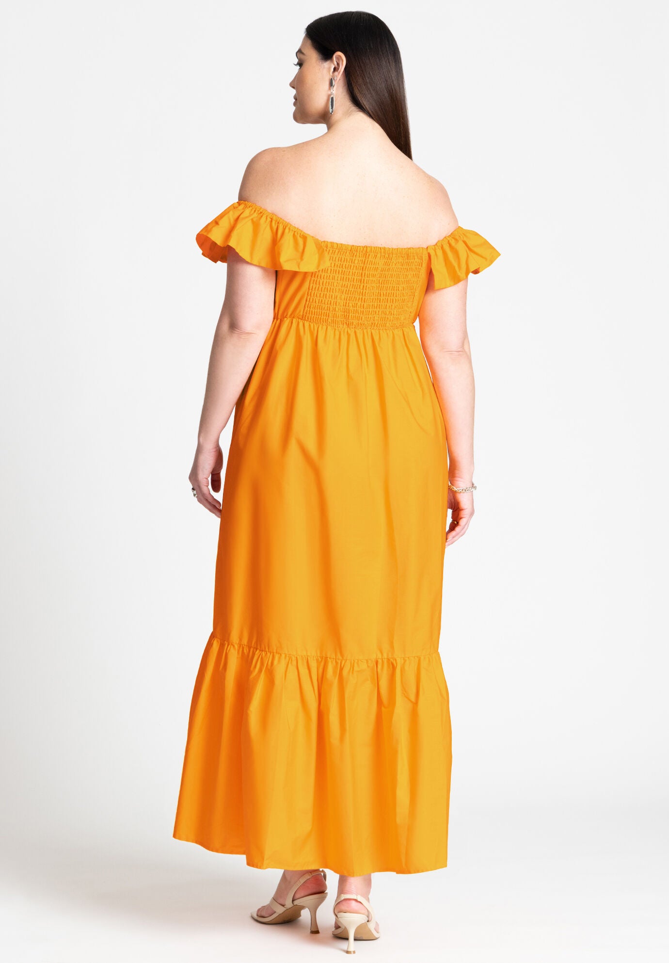 Maxi Poplin Dress - Off Shoulder, Smocked Back, Tangelo | Eloquii