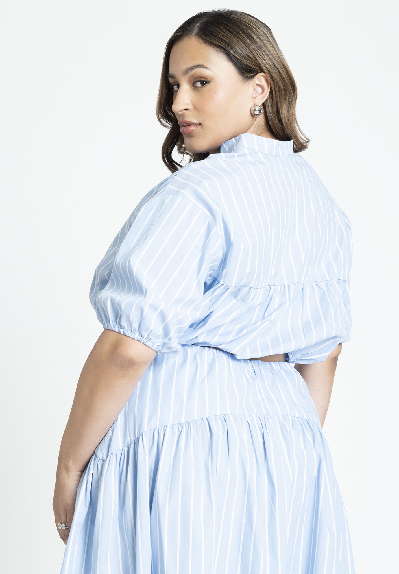 Striped Crop Top - V-Neck Poplin with Puff Sleeve, Blue White Stripe ...