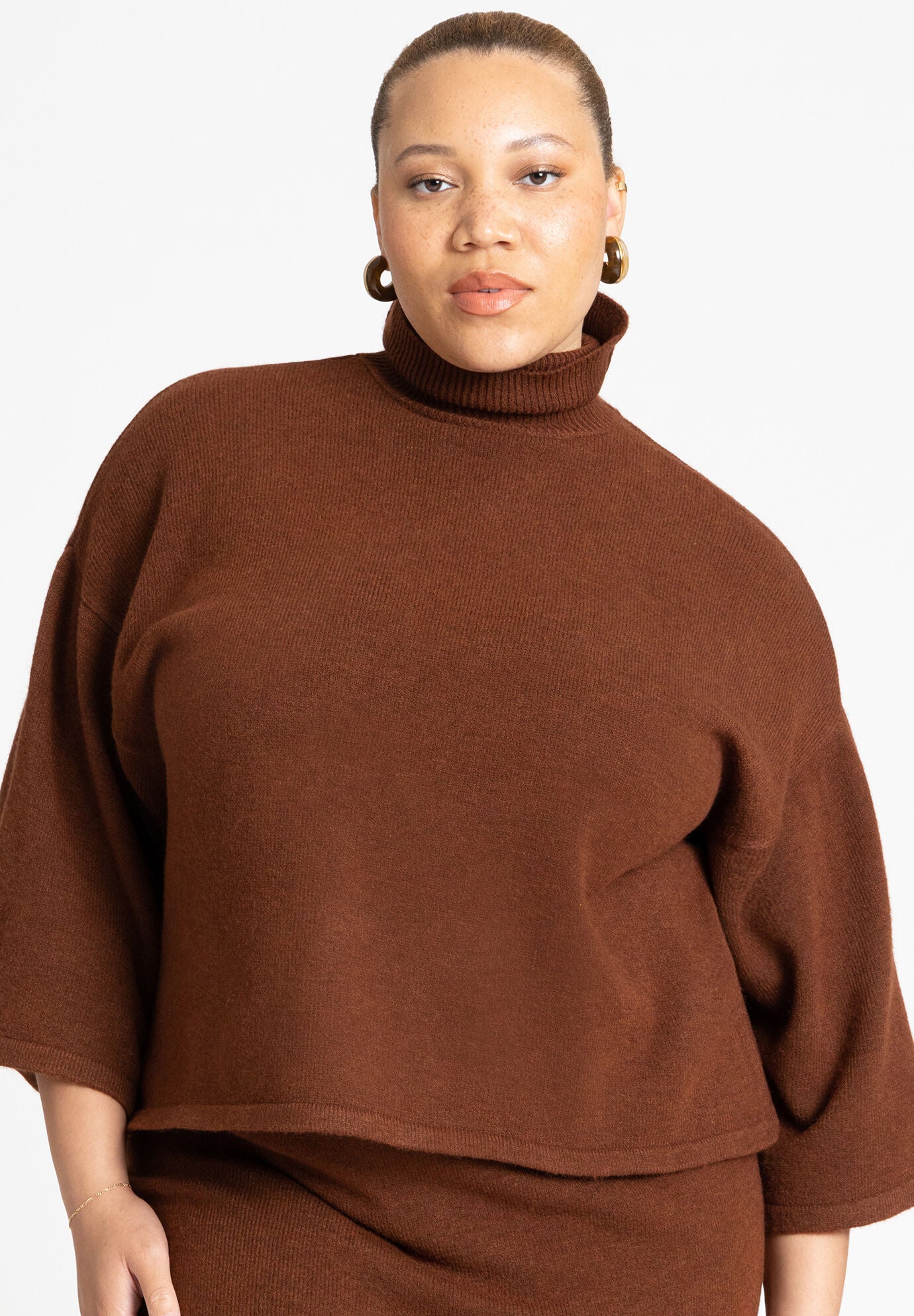 Boxy Turtleneck Sweater with Three Quarter Sleeves, Black Onyx | Eloquii