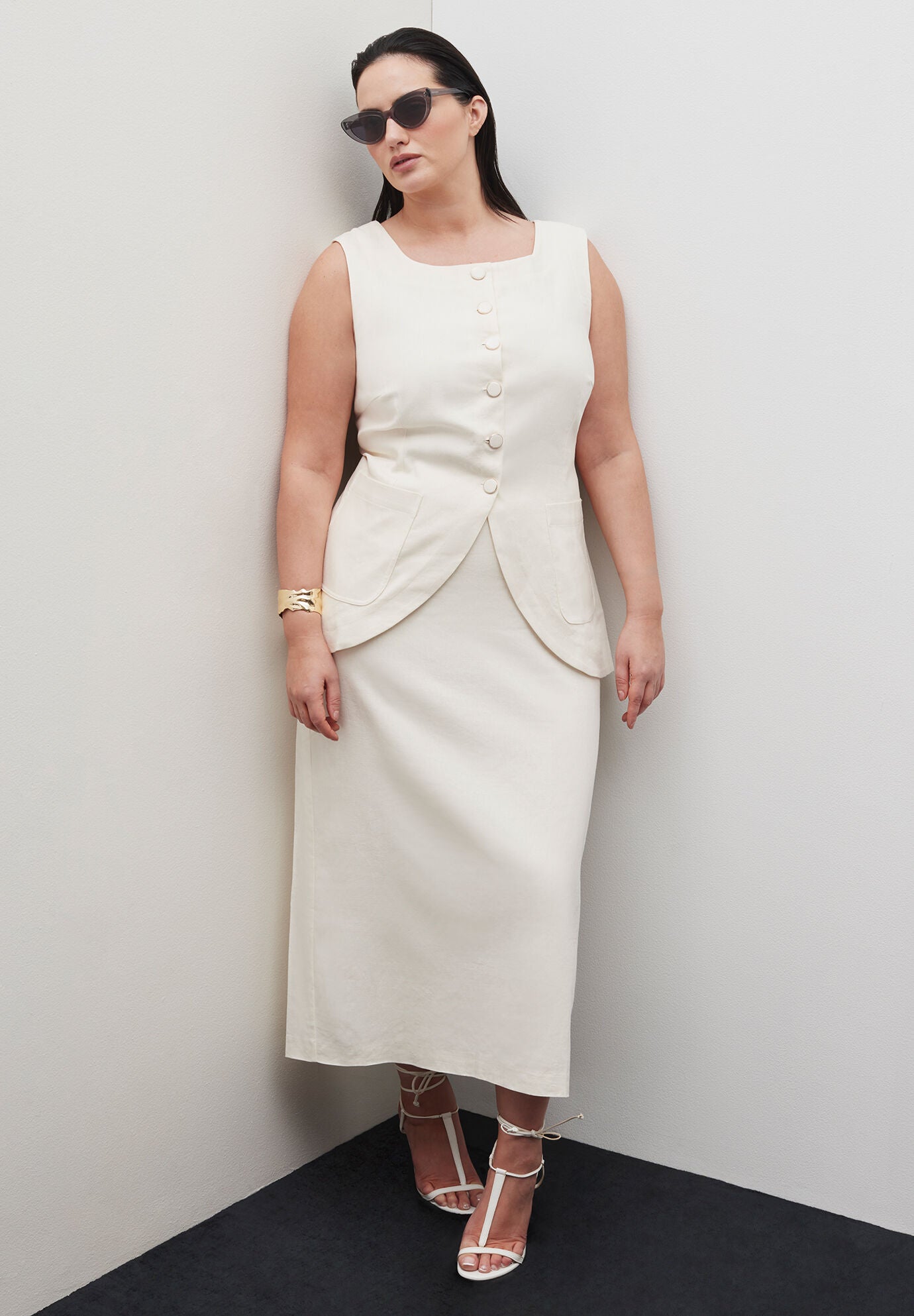 Linen Column Skirt with Back Slit Maxi, 4484955 | Eloquii