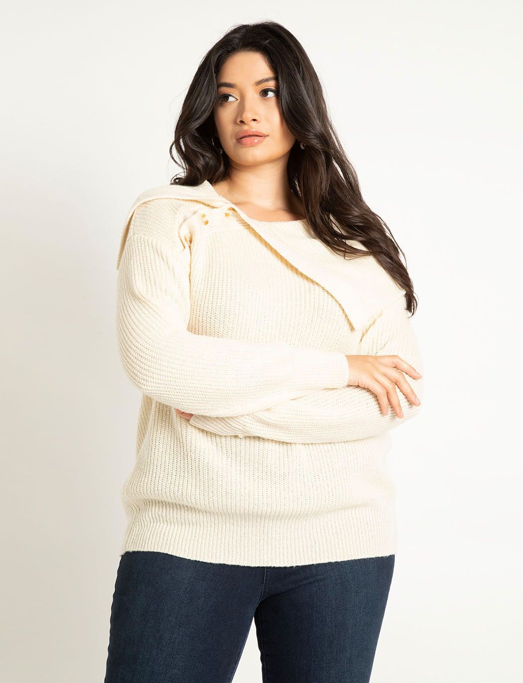 Asym Button Collar Sweater with Dropped Shoulder, Cream | Eloquii