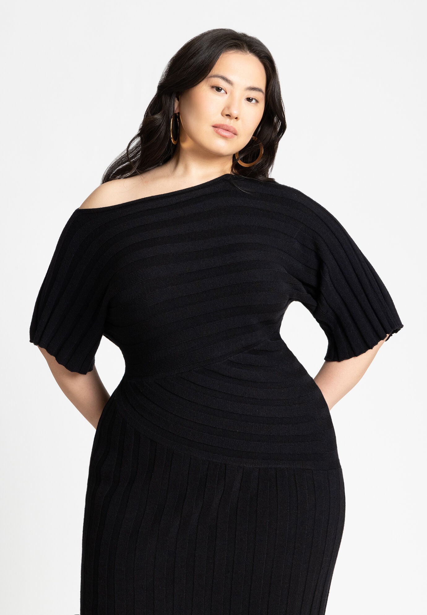 Rib Midi Dress With Slit - Asymmetrical Neckline, Black Onyx | Eloquii