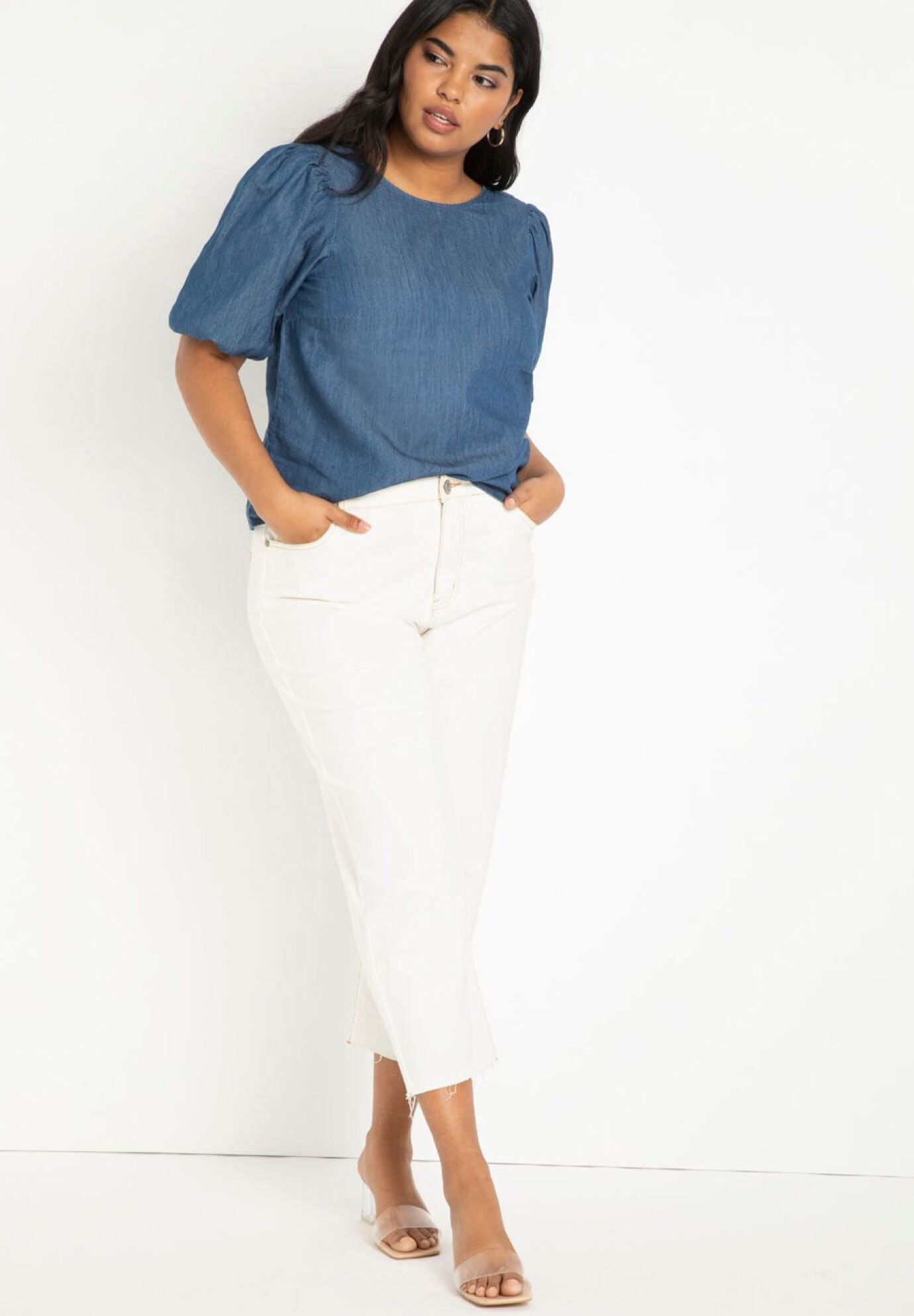 Denim Puff Sleeve Top - Easy Fit, Back Scoop, 4476239 | Eloquii