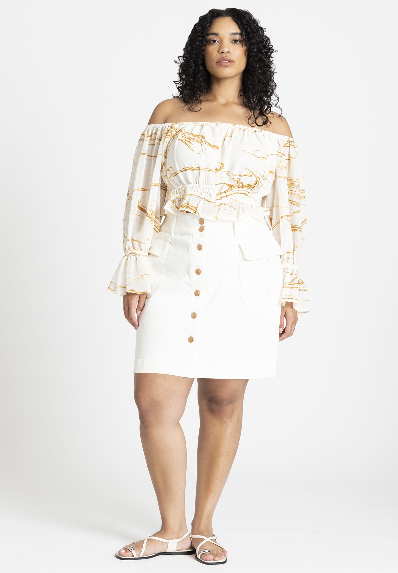 Off Shoulder Ruched Crop Top, Cinnamon Brown Swirl | Eloquii