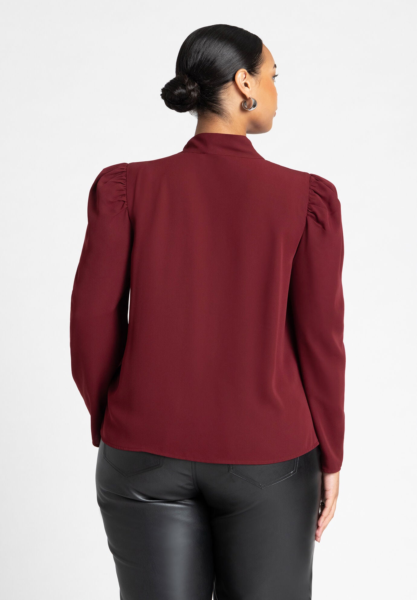 "Puff Sleeve Drape Front Blouse - Tie Neck", Zinfandel | Eloquii