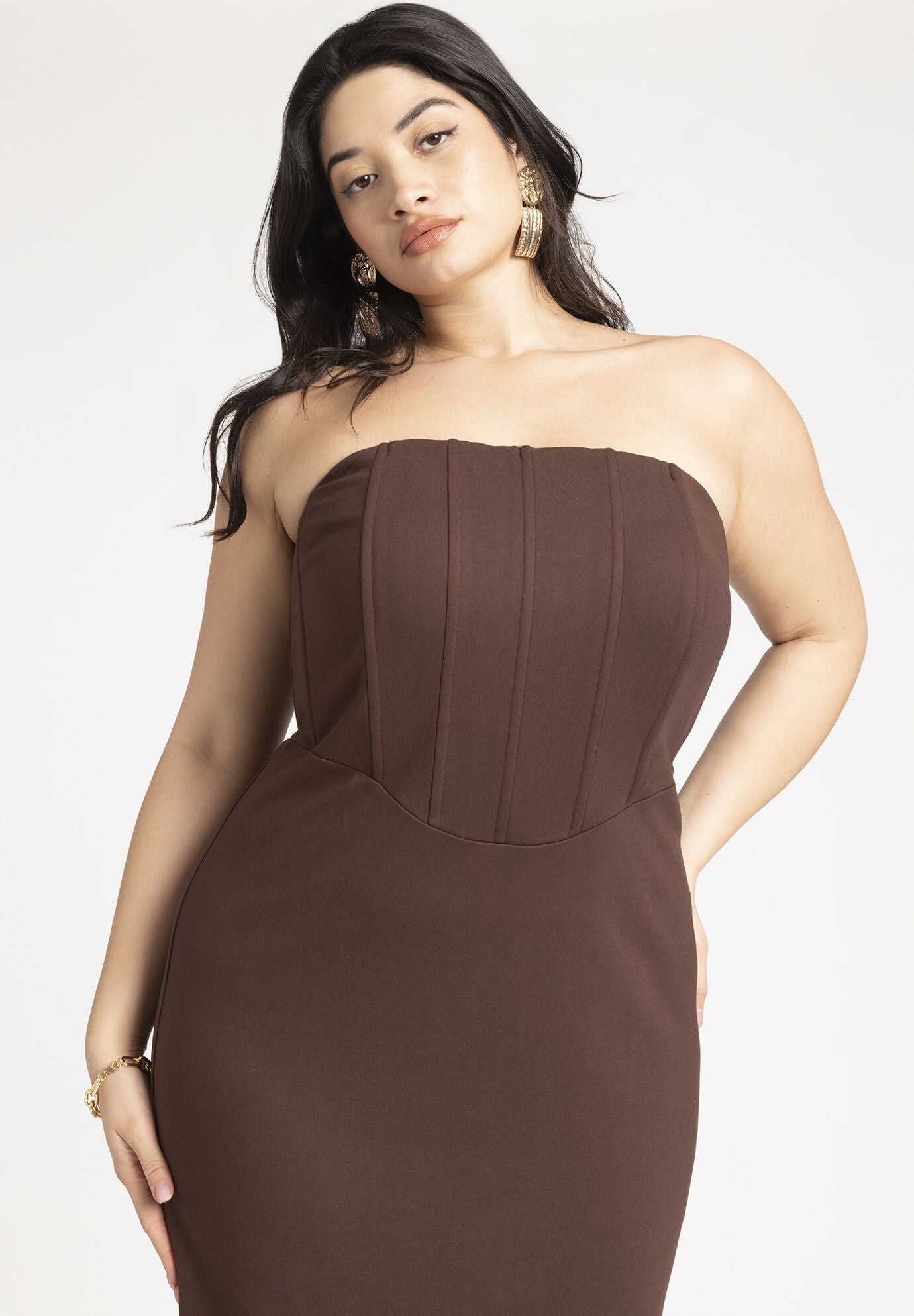 Corset Column Dress - Bodycon Strapless Midi, Rich Brown | Eloquii