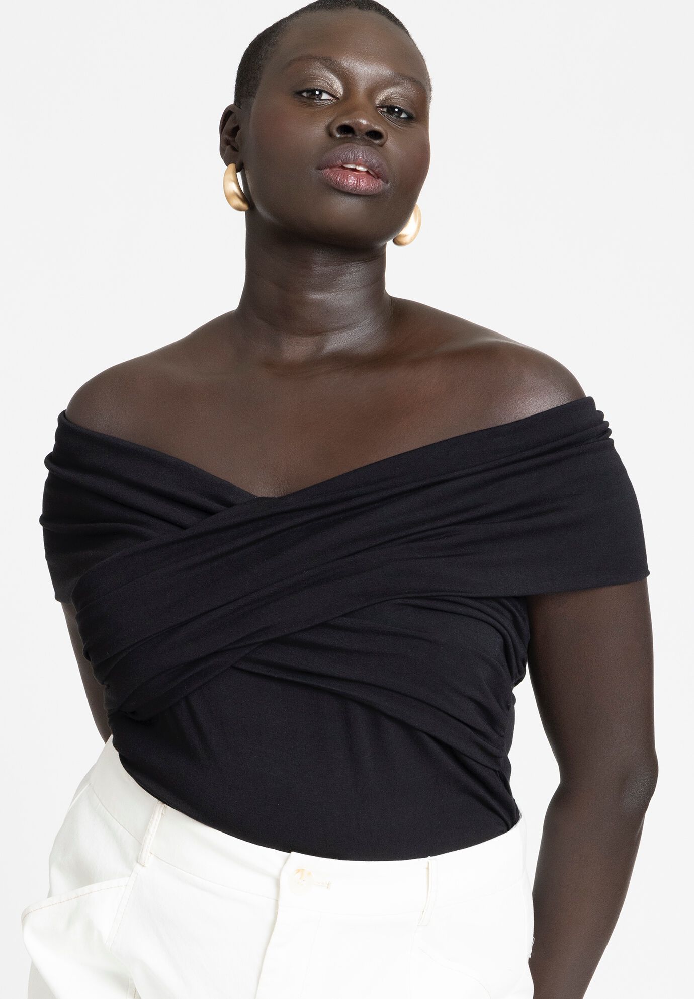 Fold Over Off Shoulder Top - Trendy Knit Fashion, Black Onyx | Eloquii