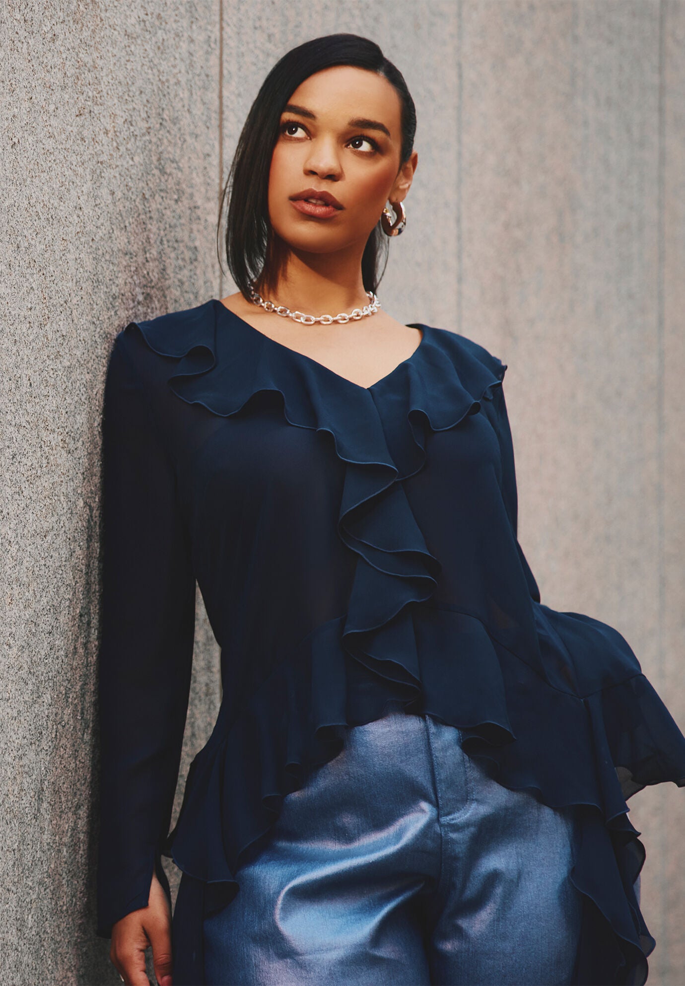 Ruffle Trim Blouse with V-Neck Pullover, Rich Navy | Eloquii