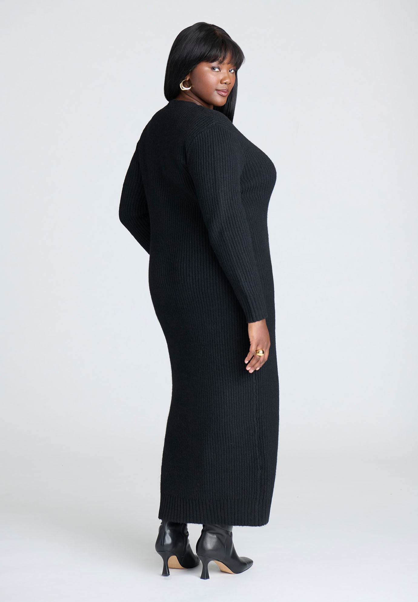 Heart Button Sweater Dress - Close Fit Midi, Black | Eloquii