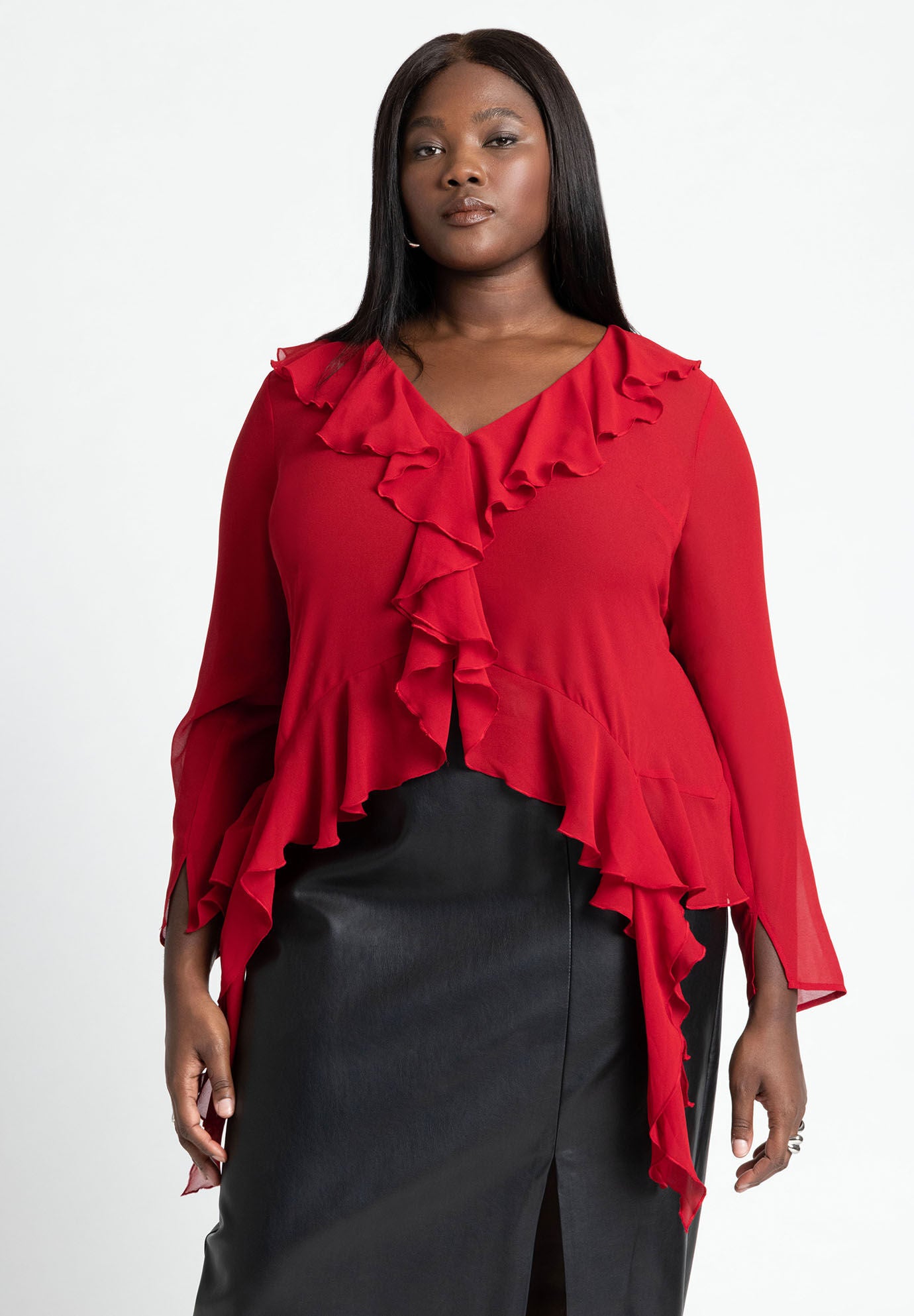 Ruffle Trim Blouse with V-Neck Pullover, Red Pear | Eloquii