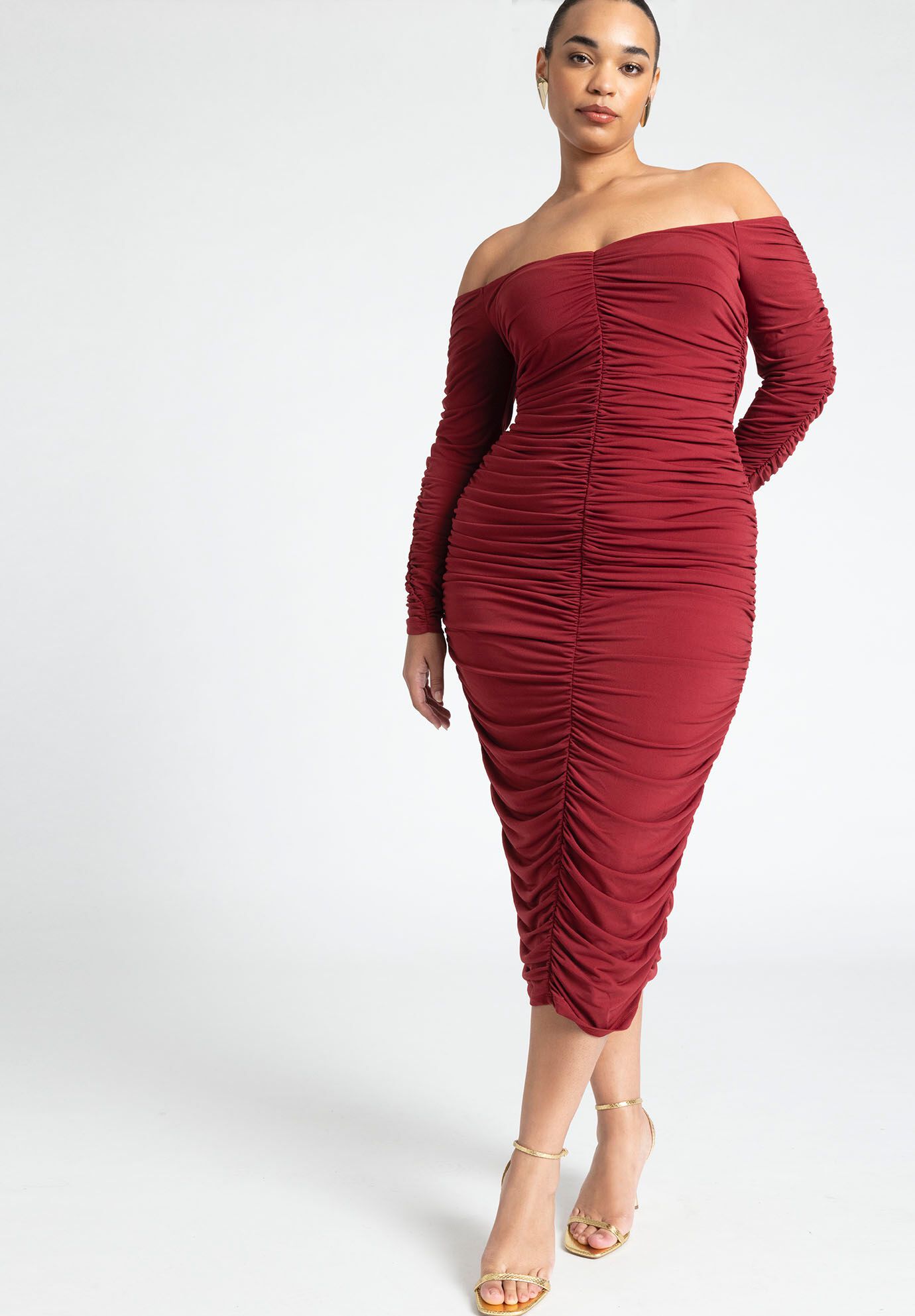 Ruched Off Shoulder Midi Dress with Sweetheart, Tibetan Red | Eloquii