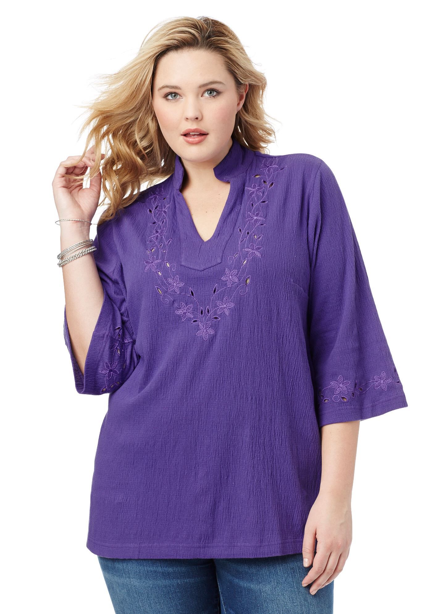 Crinkle Knit Mandarin Collar Tunic | ELOQUII