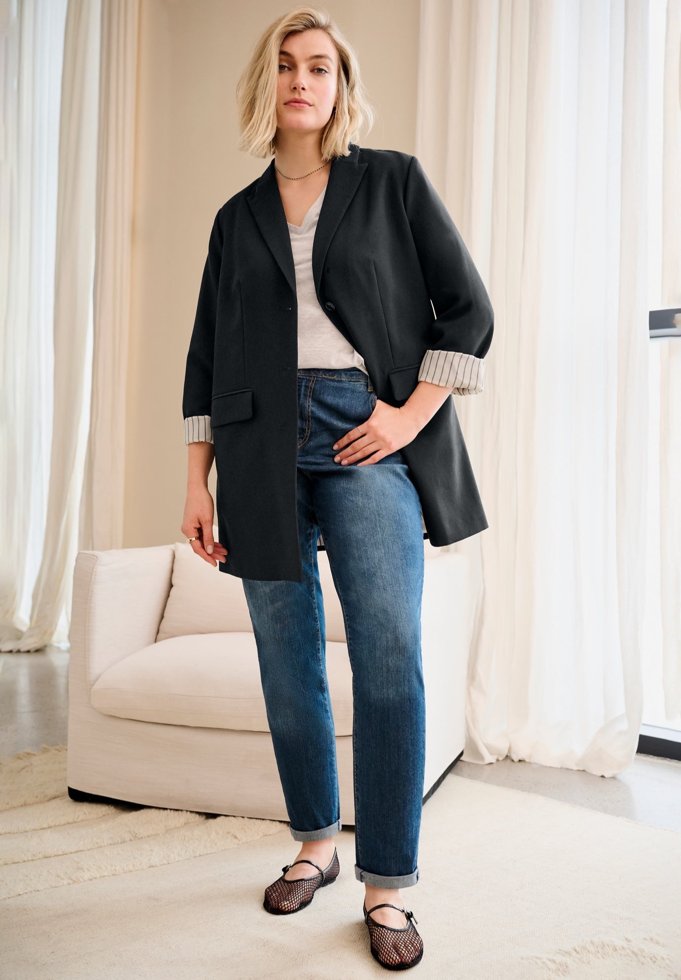 Stretch Button Front Oversized Long Blazer | ELOQUII