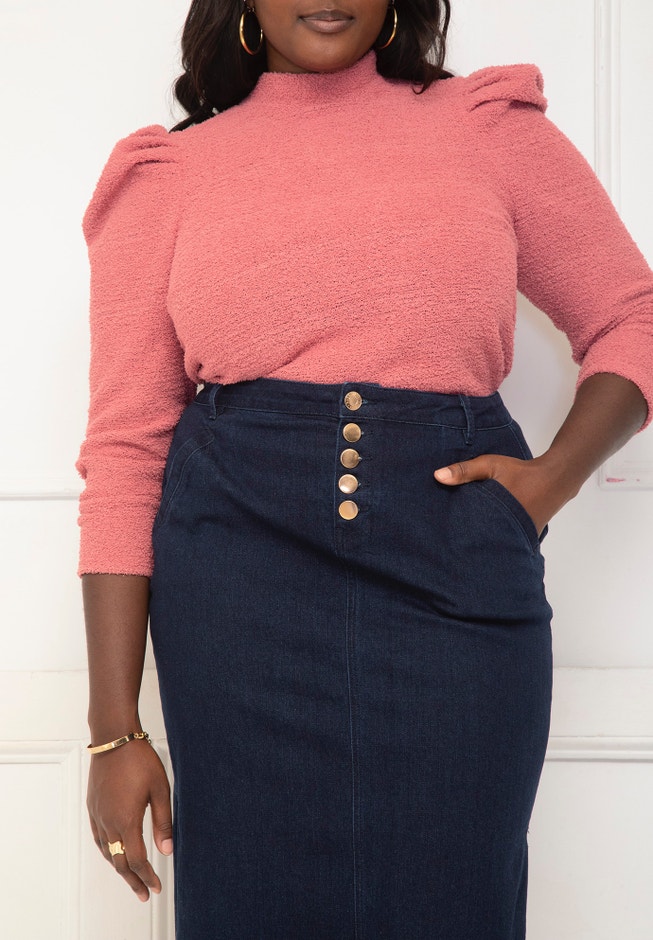 Textured Mutton Sleeve Mock Neck Sweater, 4474161 | ELOQUII