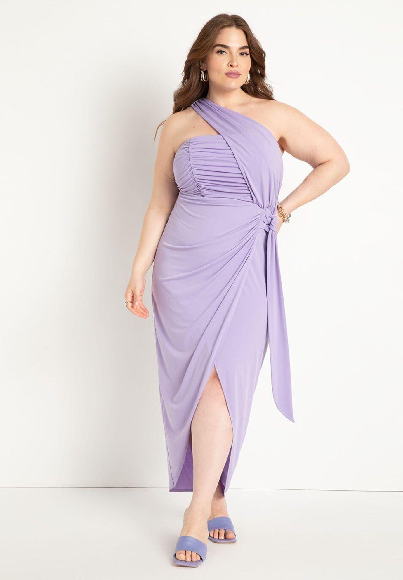 One Shoulder Shirred Wrap Dress - Side Zipper, 4473097 | Eloquii