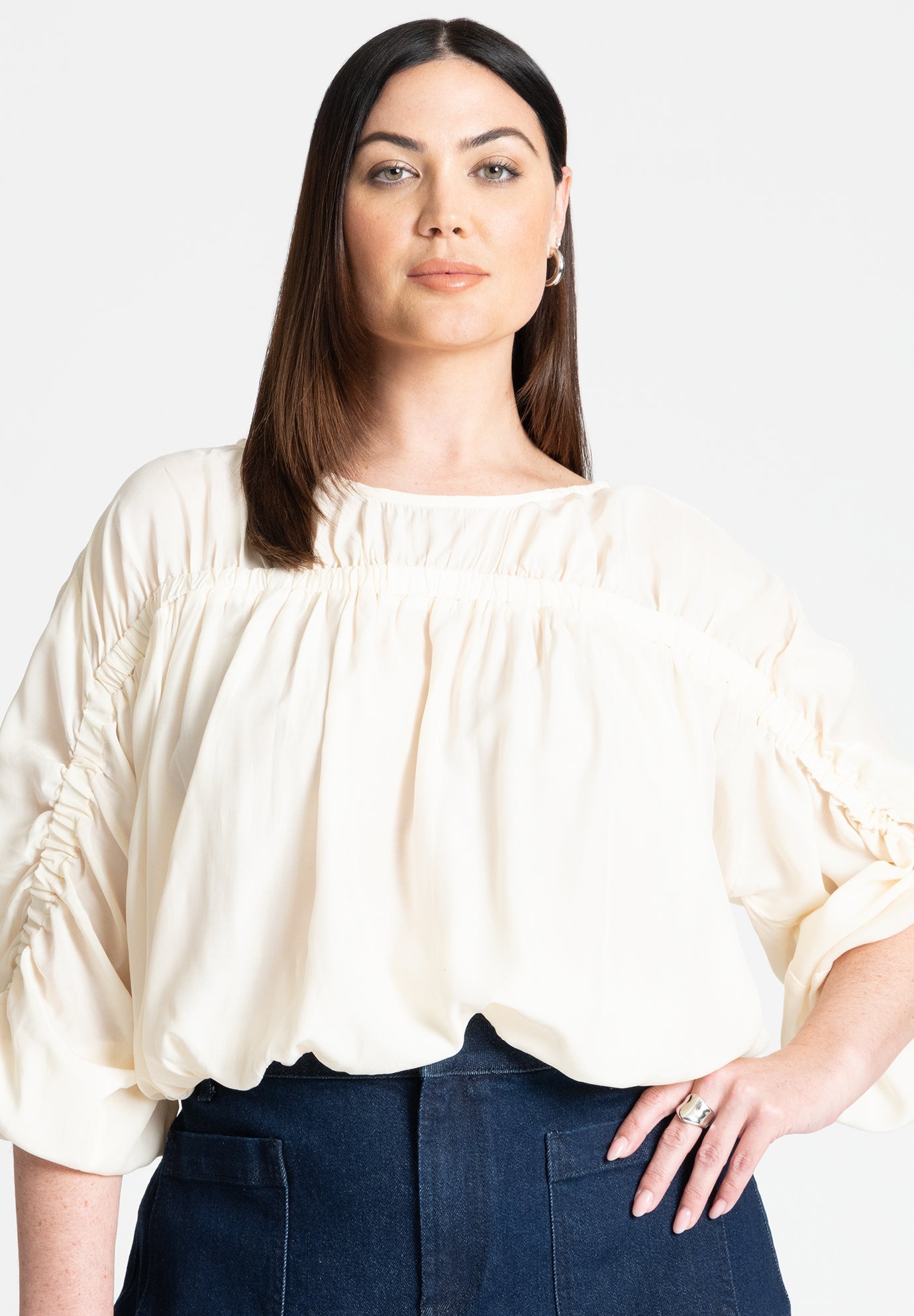 Elastic Detail Top with Puff Sleeves, Vanilla Latte | Eloquii