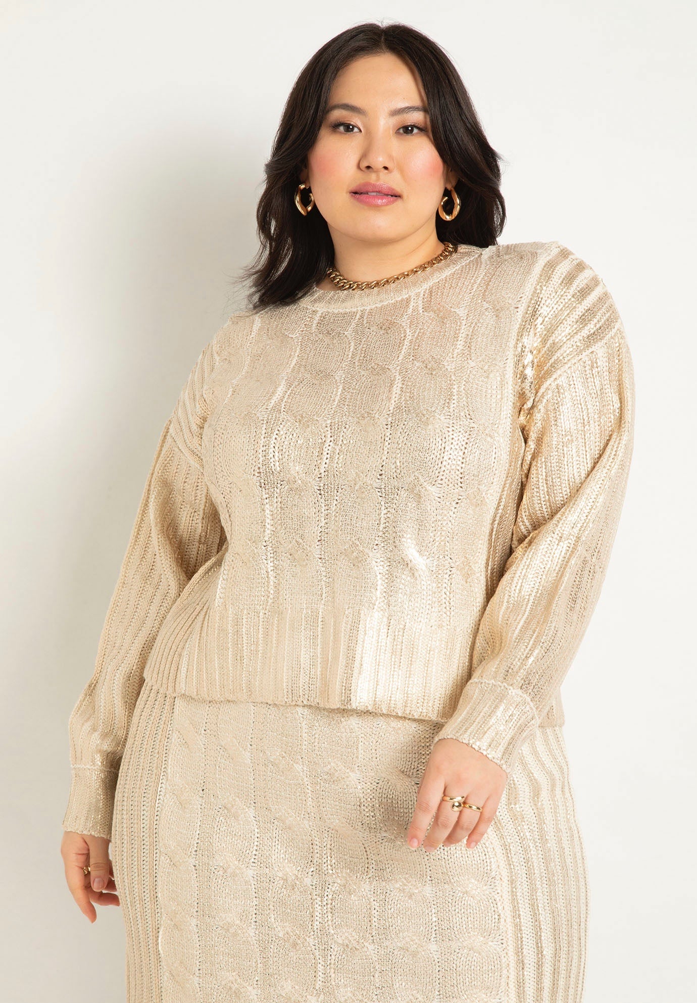 Metallic Cable Knit Sweater Long Sleeve, 4473086 | Eloquii