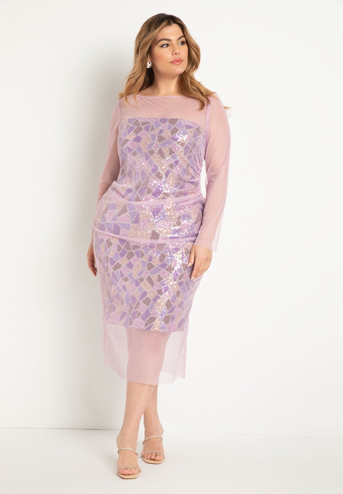 Sequin Dress with Sheer Layer – Close Fit Style, Lavender Melange | Eloquii