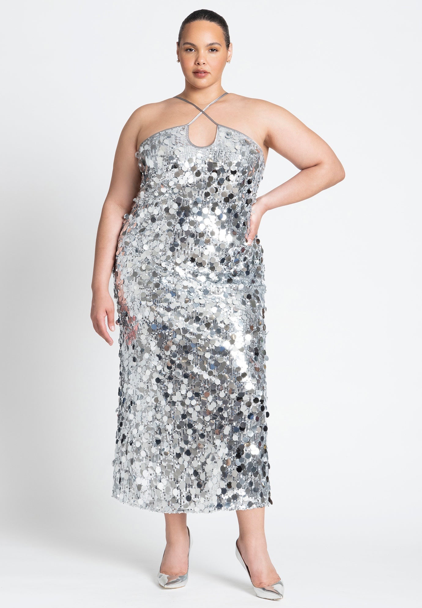 Strappy Halter Column Dress - Fully Lined, Silver | Eloquii