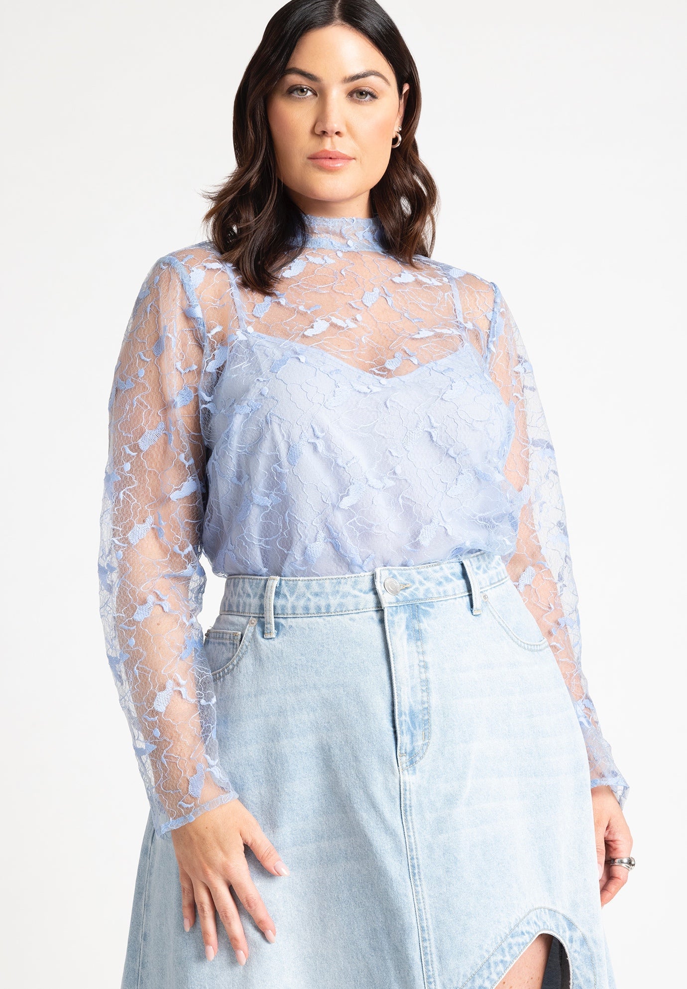 Back Tie Lace Top | Non-Stretch Lace Mock Neck, Periwinkle Mist | Eloquii