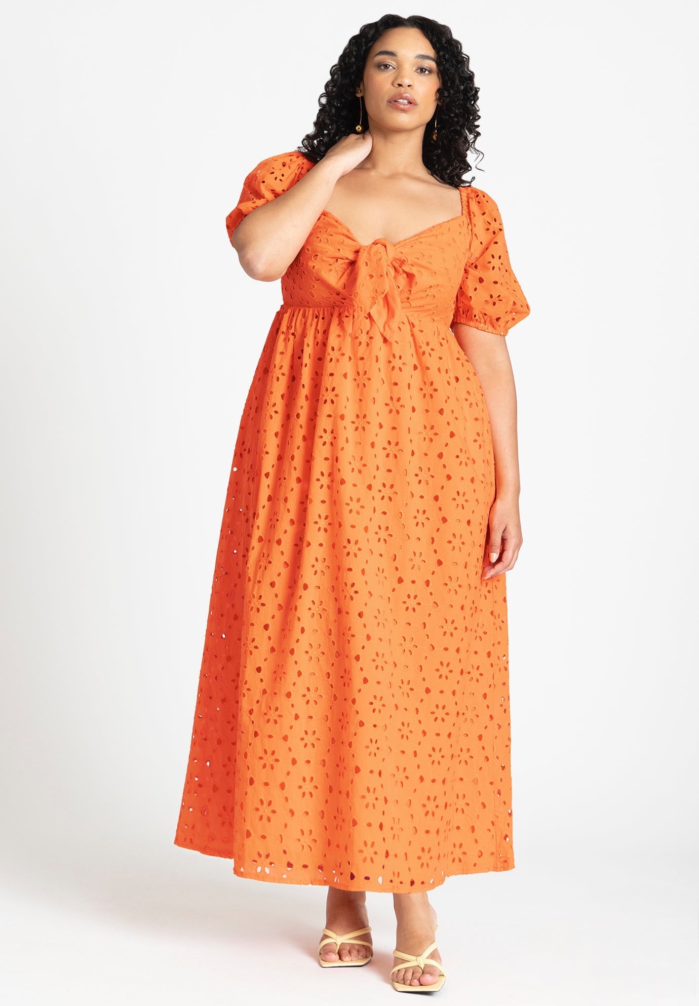 Eyelet Maxi Dress with Tie Front Style, Firecracker | Eloquii