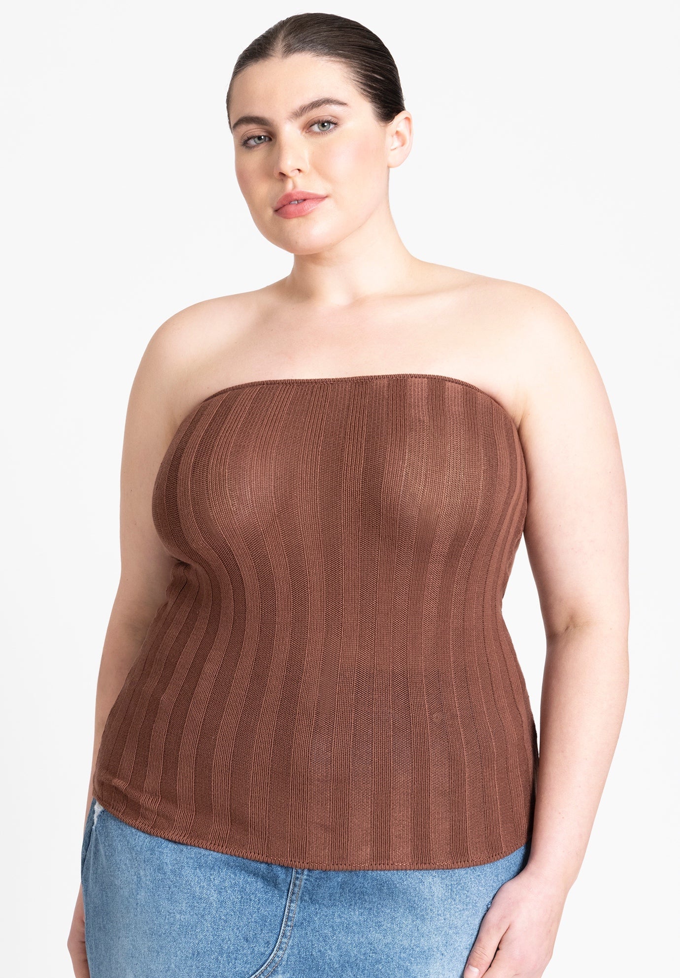 Sweater Tube Top Ribbed Pull-On Stretch Fabric, Sorrel Horse | Eloquii