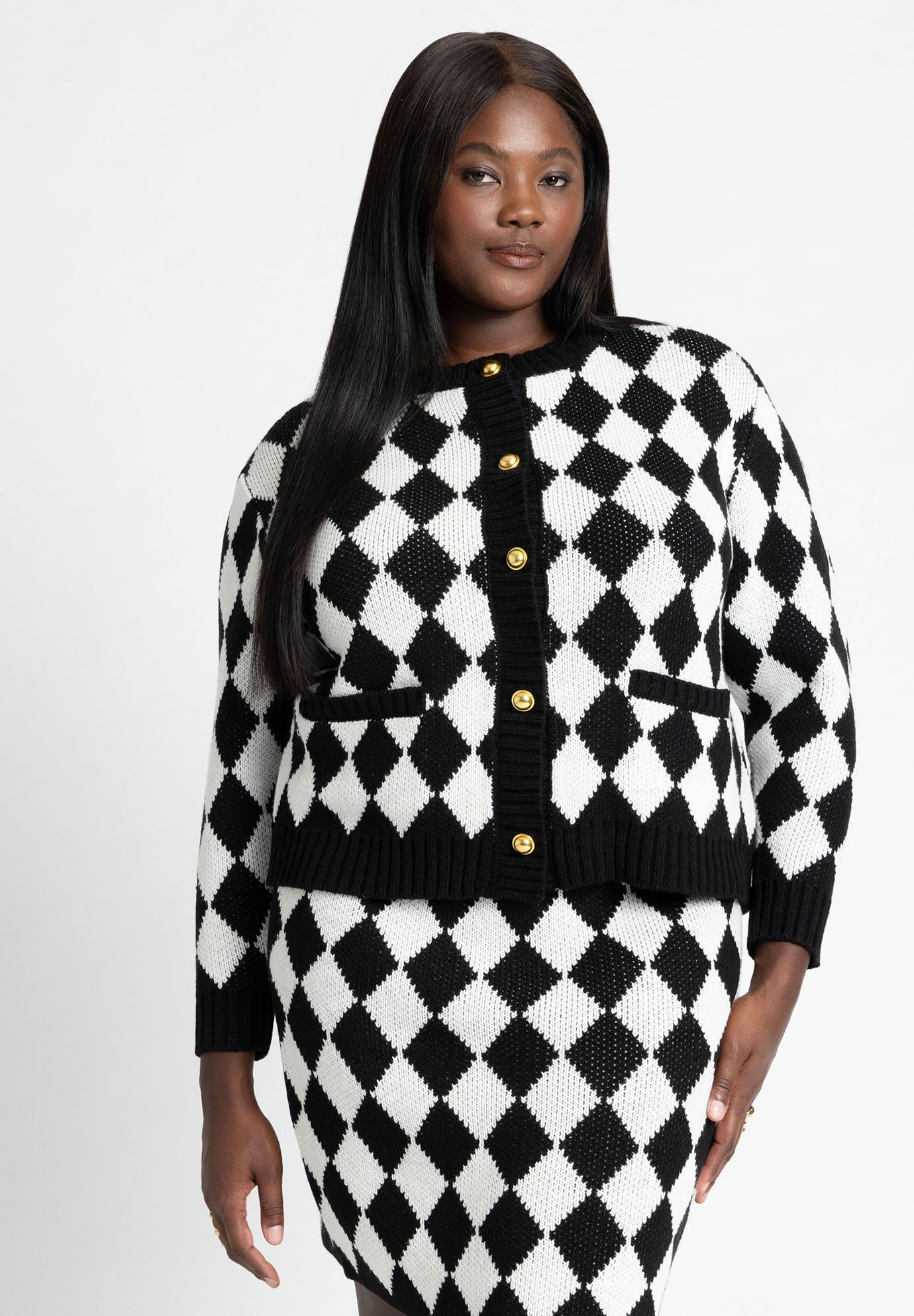 "Knit Tweed Cardigan with Front Placket", Diamond Check | Eloquii
