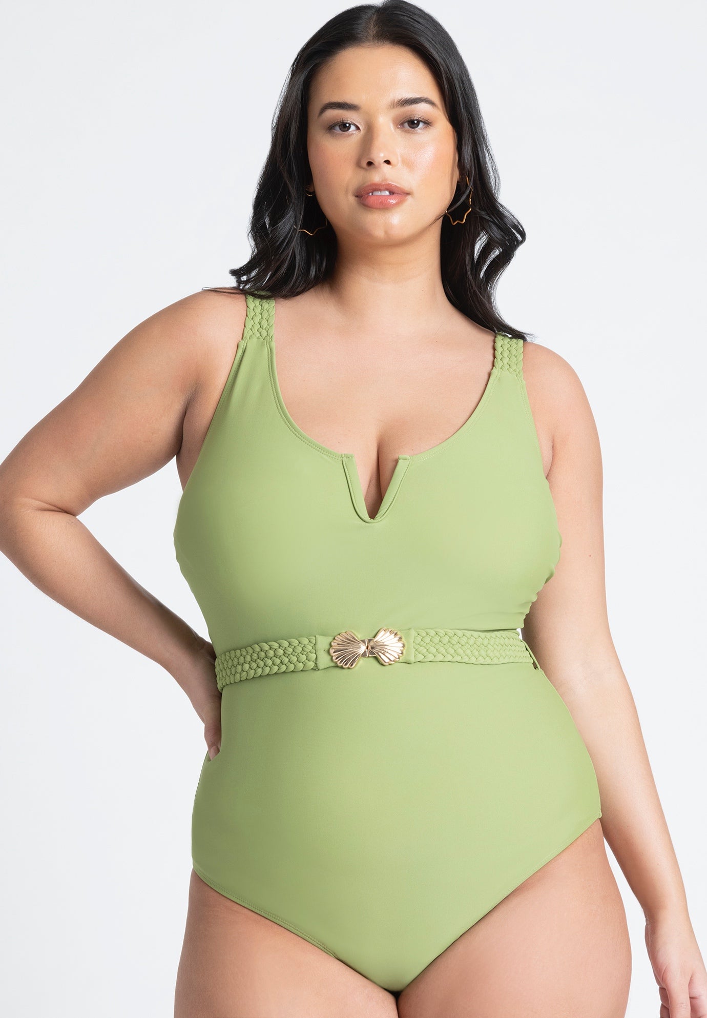 Seashell Clasp One Piece Swimsuit With Belt Sage Green Eloquii
