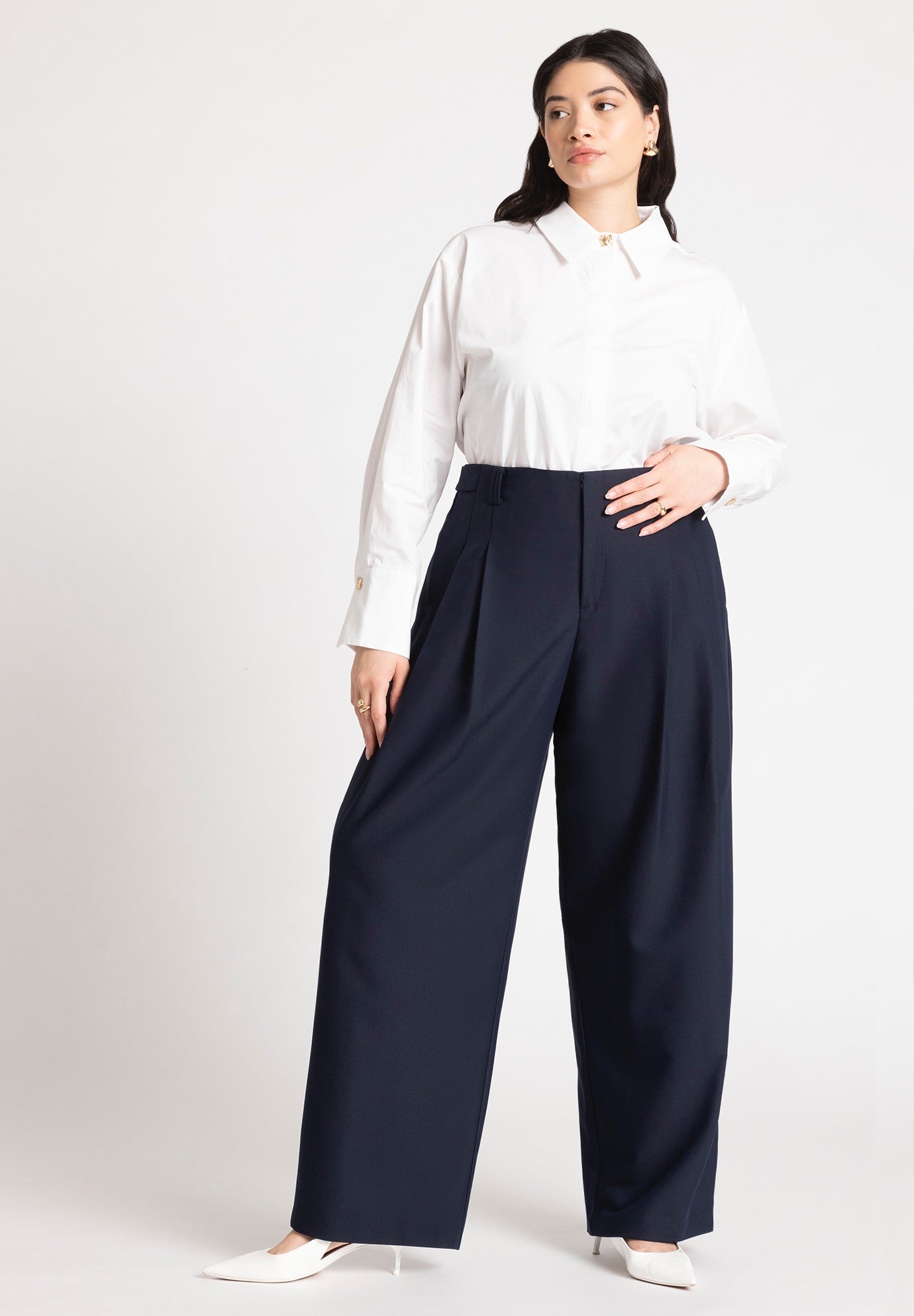 High Rise Trouser with Waistband Tabs, Rich Navy | Eloquii