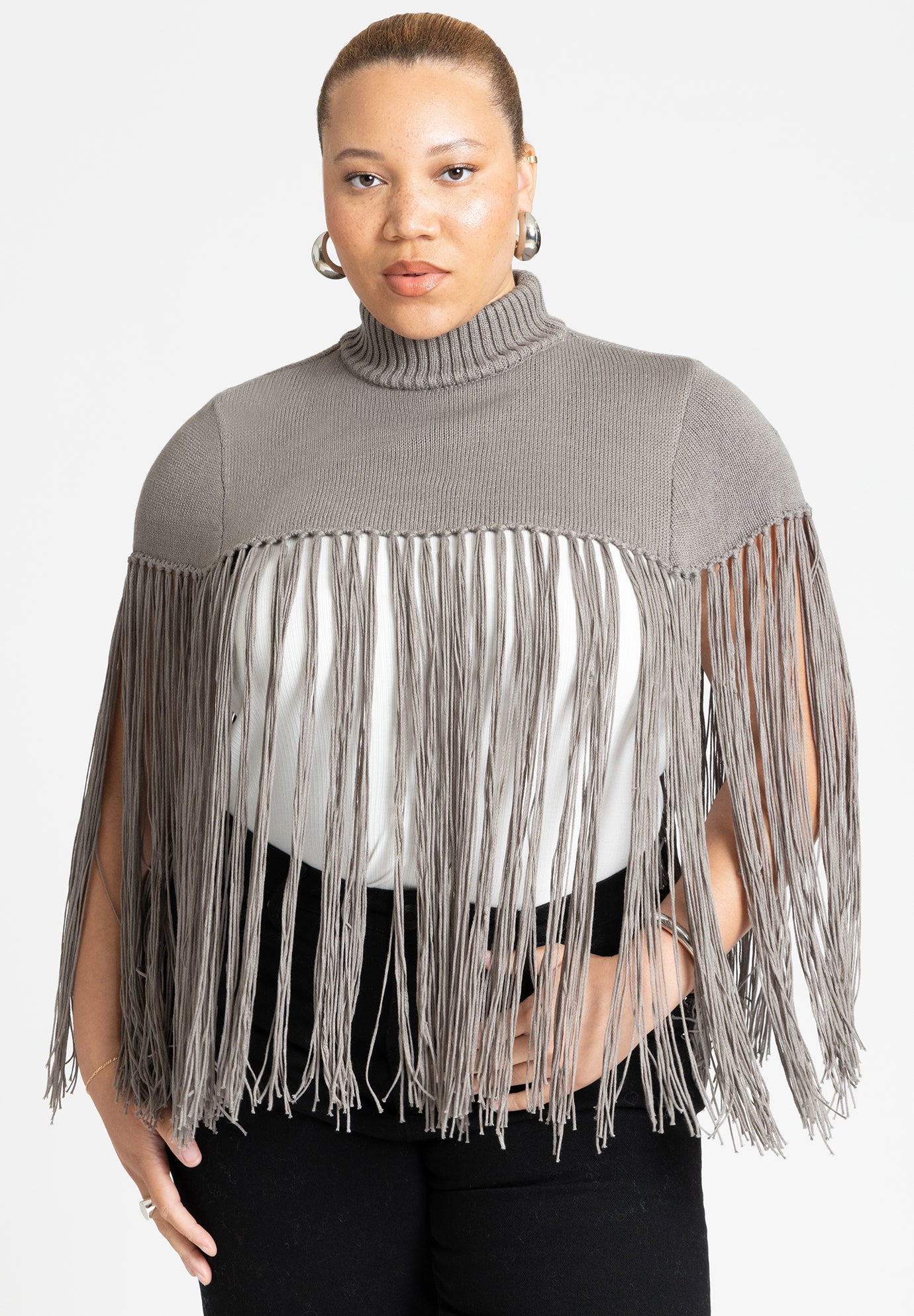 Fringe Half Sweater – Mock Neck Pullover, Black Onyx | Eloquii